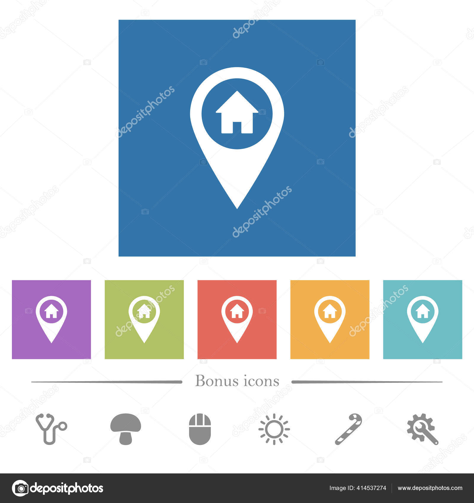Home Address Gps Map Location Flat White Icons Square Backgrounds Stock ...