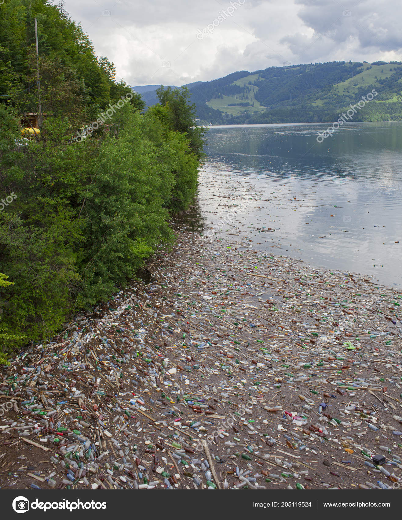 Contaminación Del Lago Con Bolsas Plástico Residuos Tóxicos Agua ...