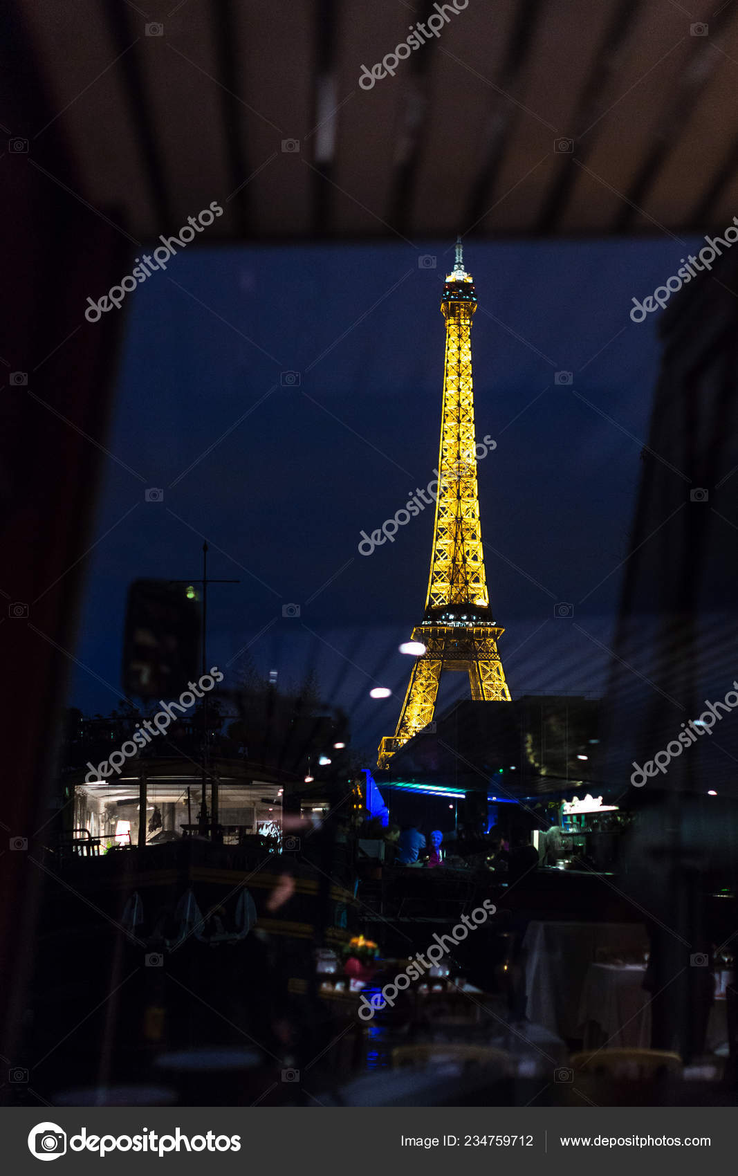 Illuminated Eiffel Tower Night Restaurant Window Paris France – Stock ...
