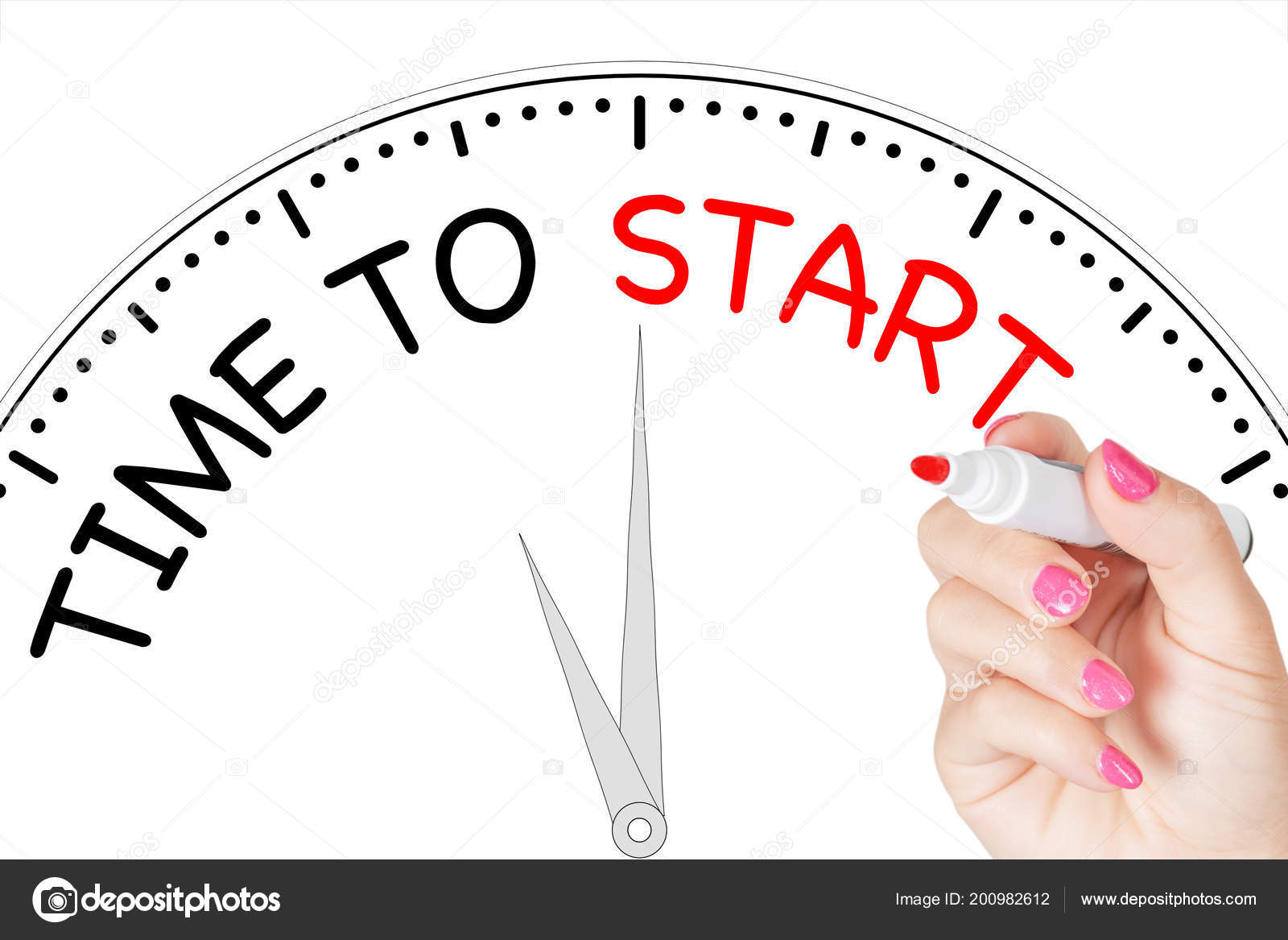 Woman Hand Writing Time Start Message Red Marker Transparent Wipe Stock ...