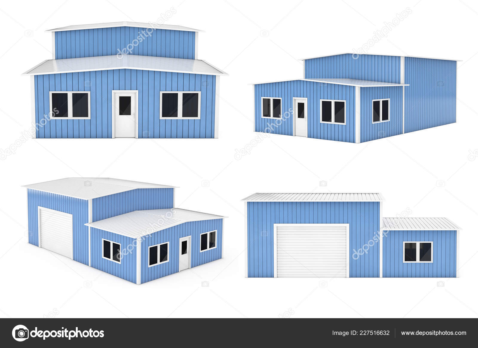 Office Storage Warehouse Building Set White Background Rendering Stock ...