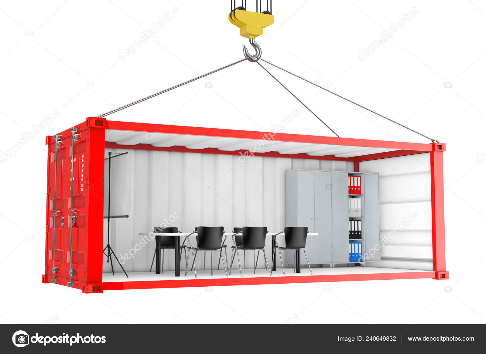 Red Cargo Shipping Container Removed Side Wall Converted Office Transportation Stock Photo by ...