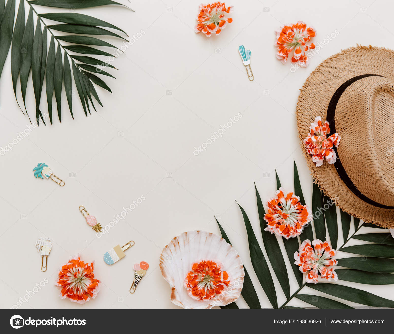 Flat Lay Summer Composition Creative Concept Tropical Leaves Straw Hat ...