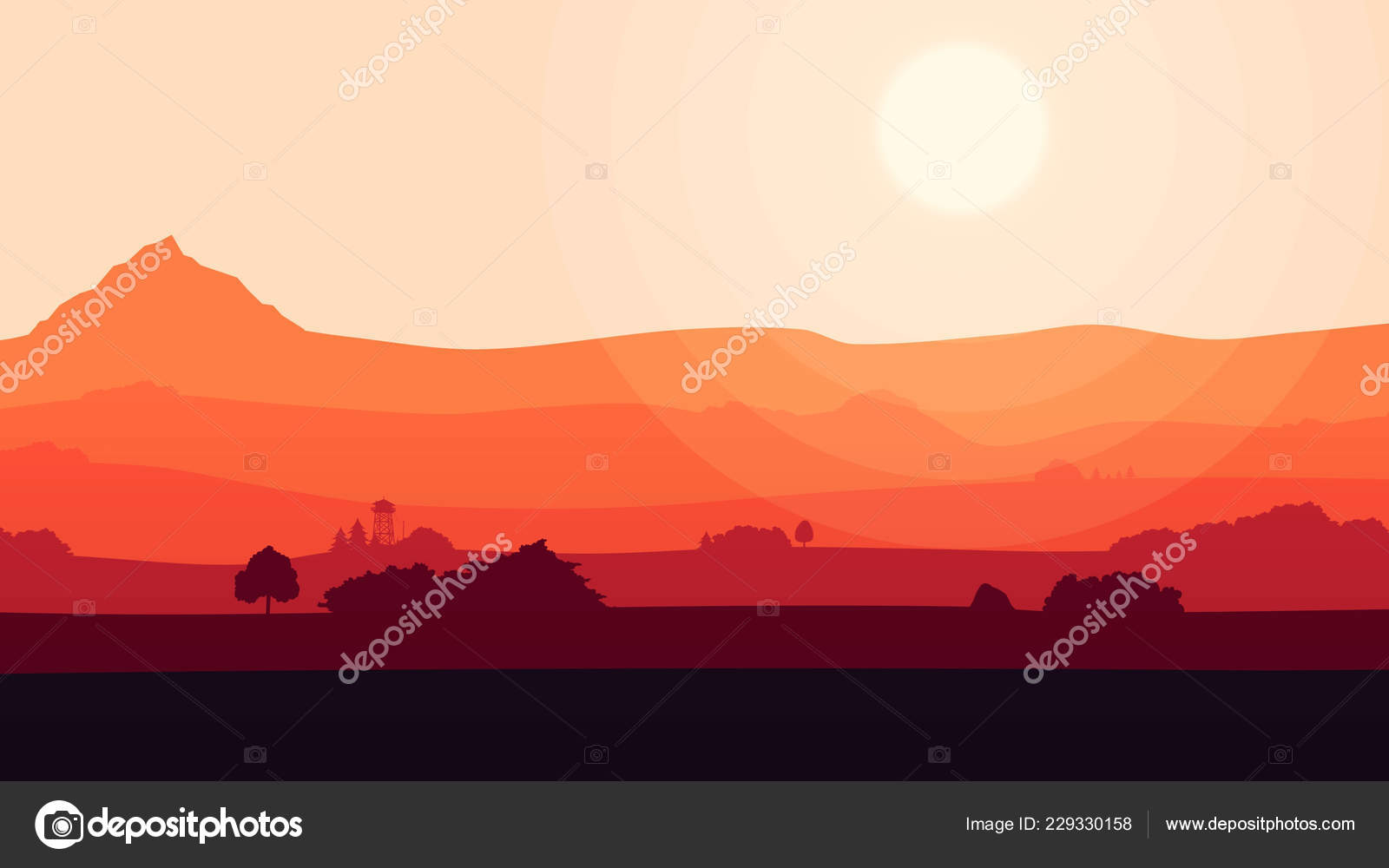 Colorful cartoon nature background. Animation of nice red sunset ...
