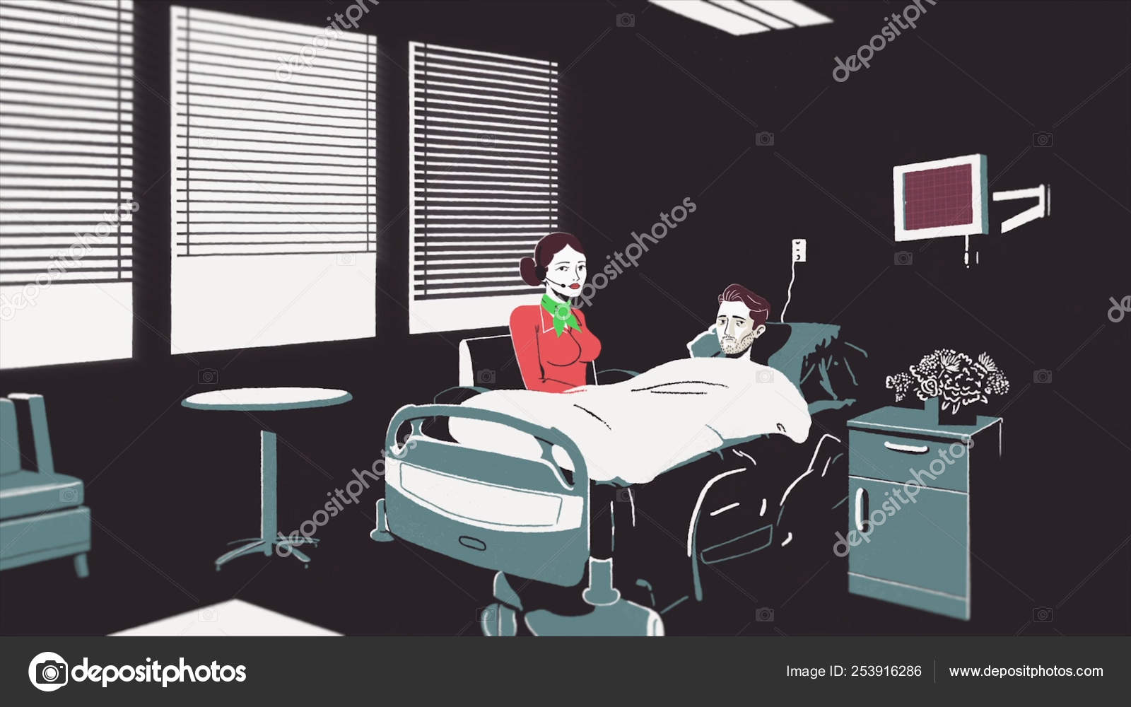 Animated cartoon with a dying man lying on a bed in the hospital and a ...
