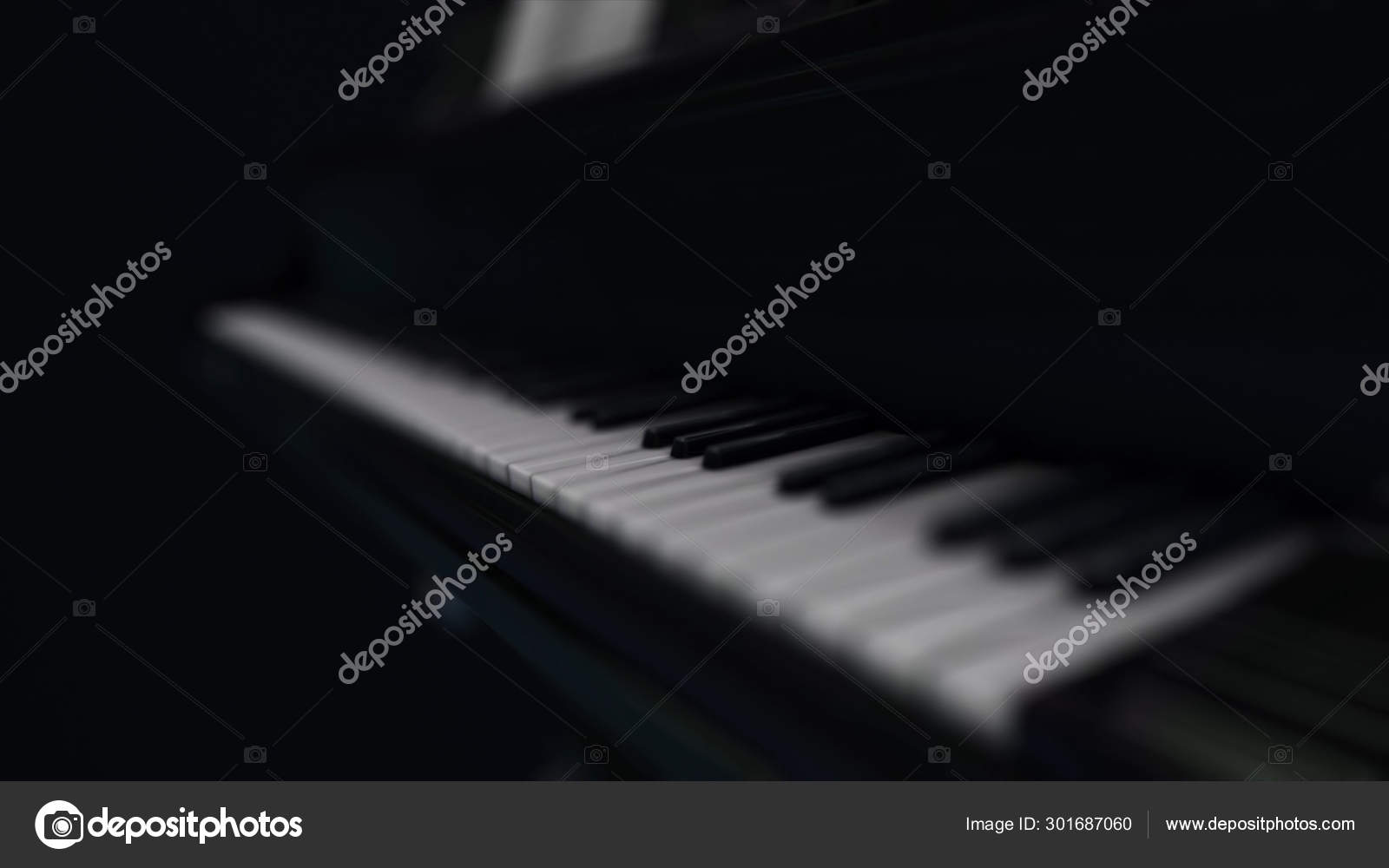 Animation of luxury black piano with white blurred keys in the dark ...