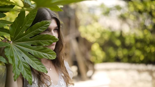 Beautiful young woman posing hiding behind green leaf. Action ...