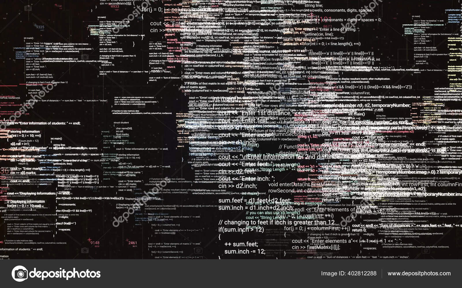 Page with source codes on black background. Animation. Overlapping source codes in cyberspace ...