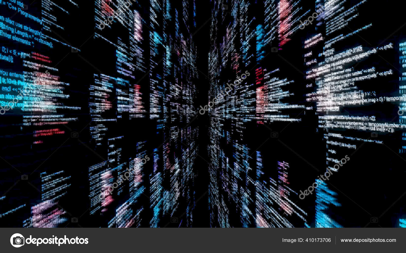 Black screen with programming language code running with glitch effect, seamless loop. Animation ...
