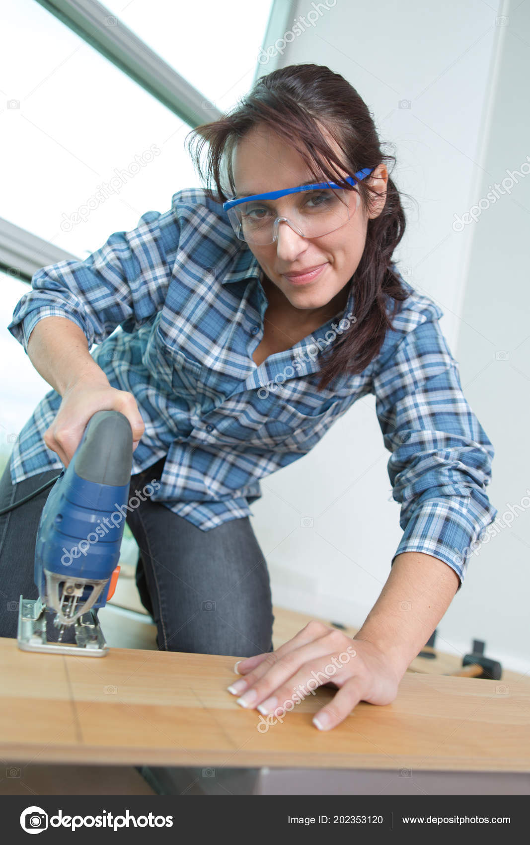 Young Female Carpenter Using Machine Workshop Stock Photo by ...