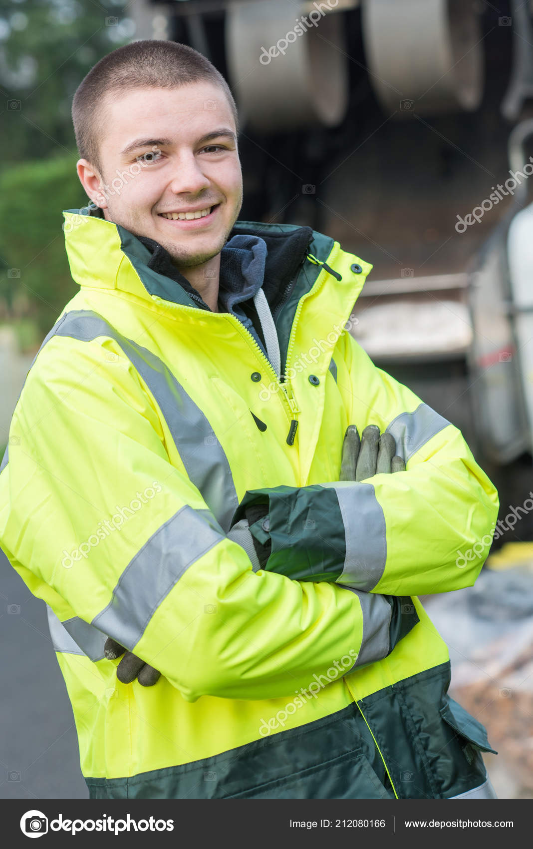 Happy Young Working Man Standing Dustbin Street Stock Photo by ...