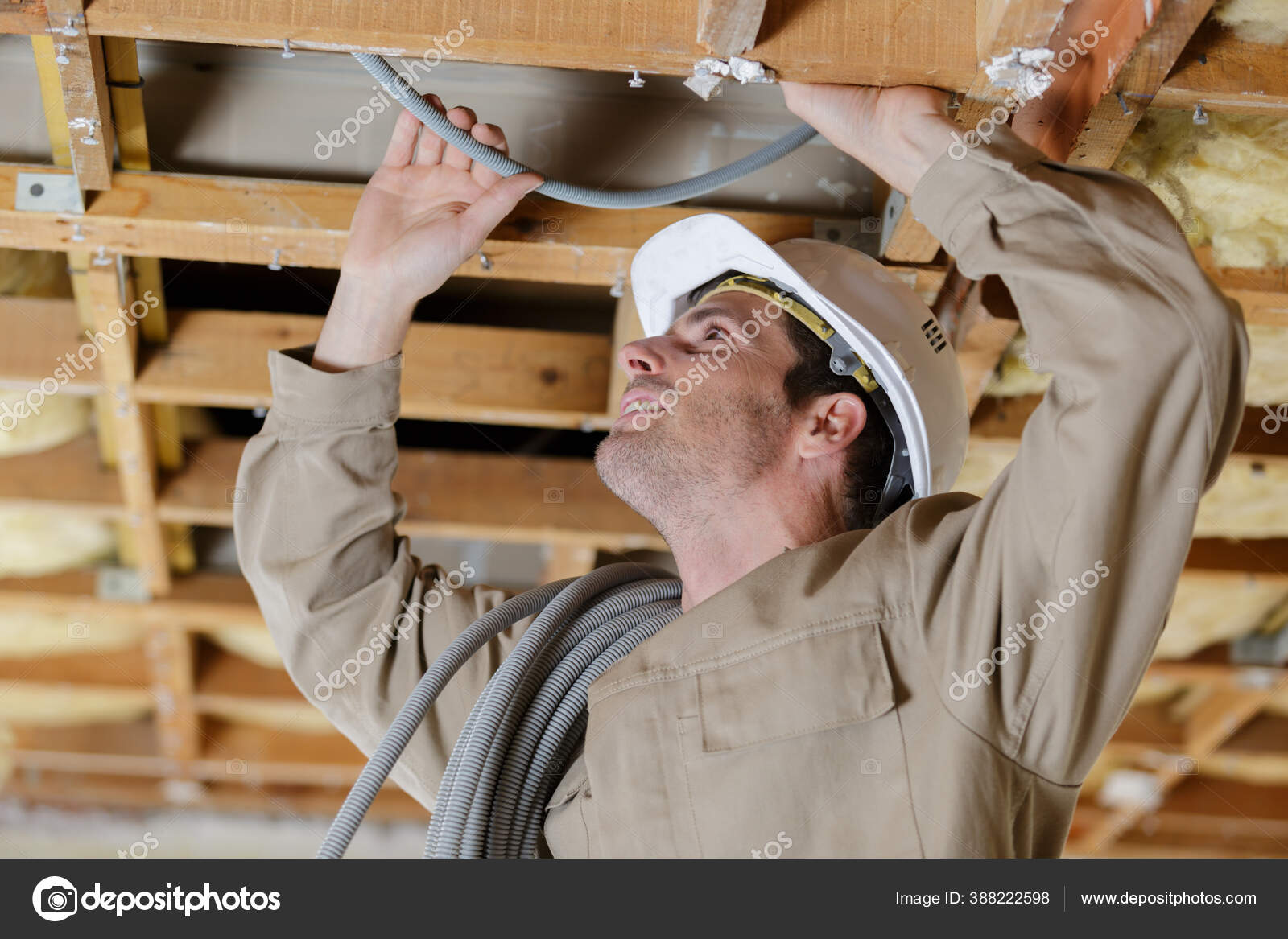 Worker Making Mounting Electric Cable Ceiling — Stock Photo ...