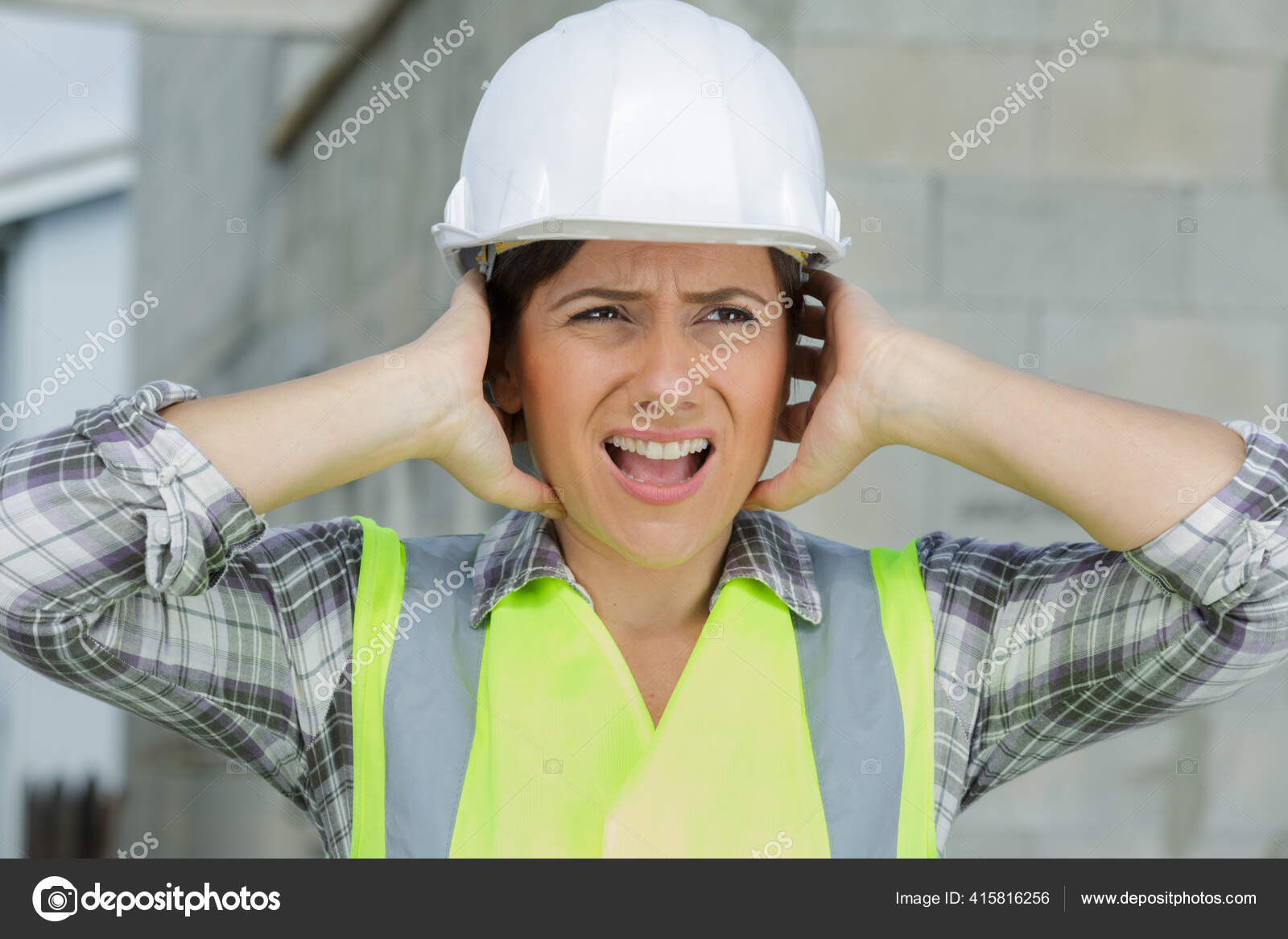 Engineer Construction Worker Woman Covering Ears Ignoring Loud Noise ...