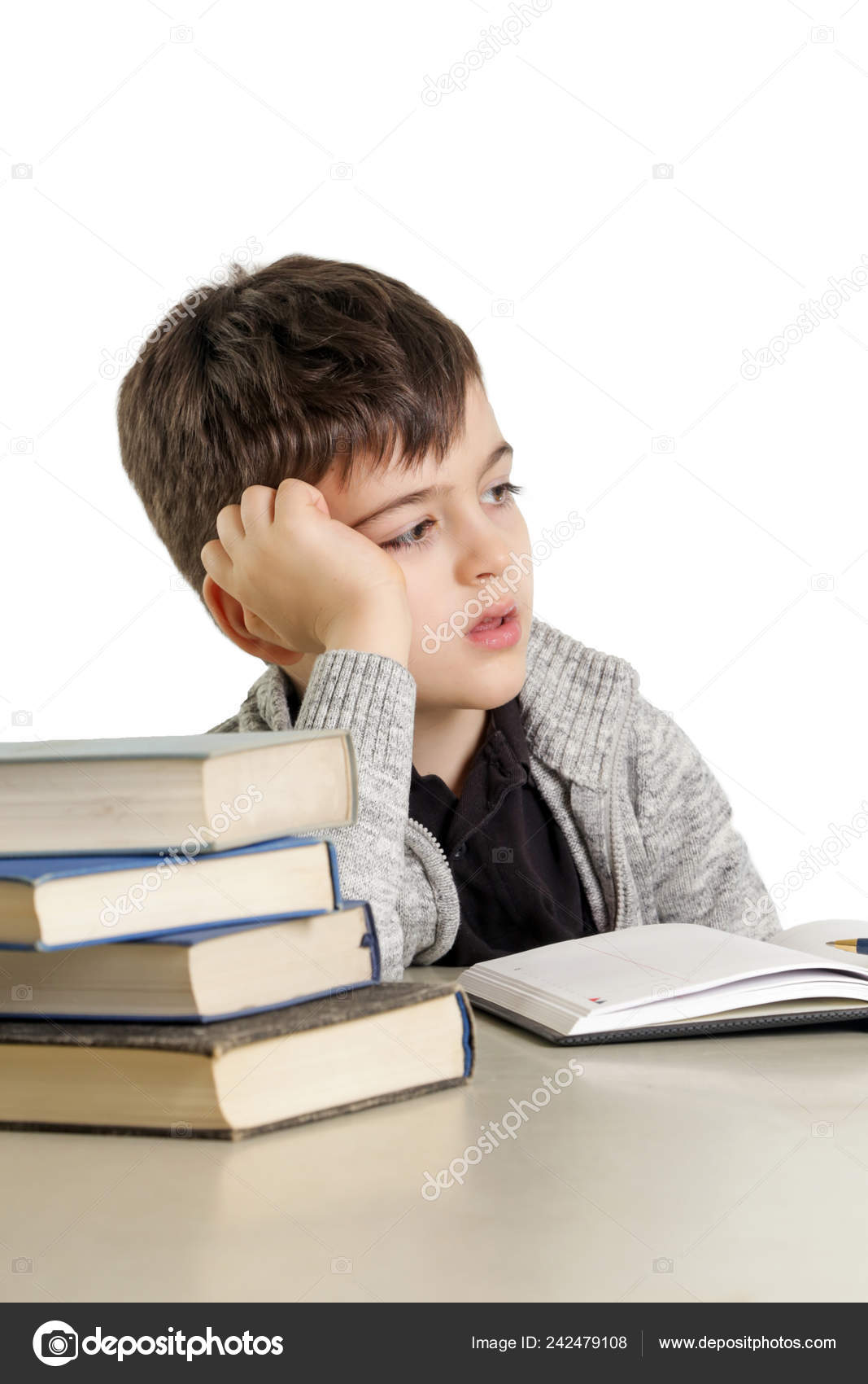 Studio Portrait Young Boy Struggling His Homework Learning Difficulties ...