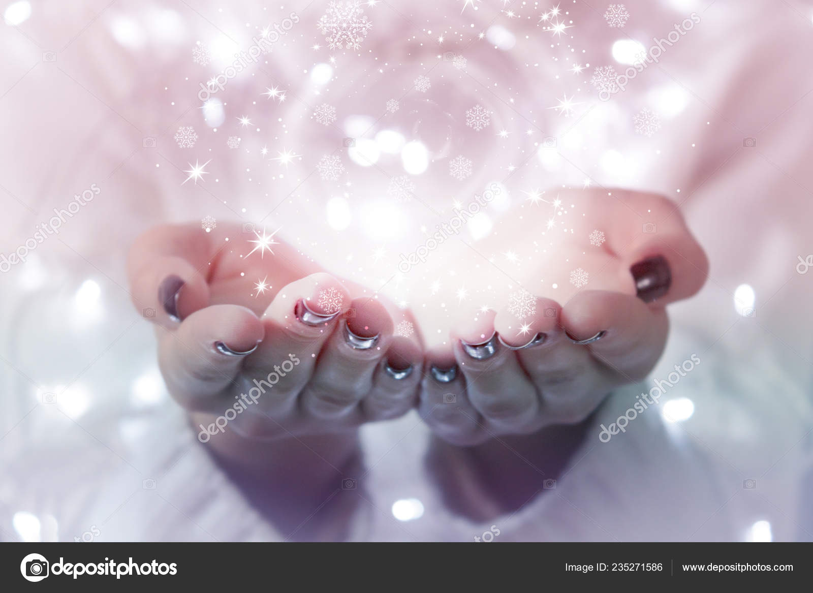 Magic Particles Emanating Female Hands Christmas Background Bokeh Stock ...