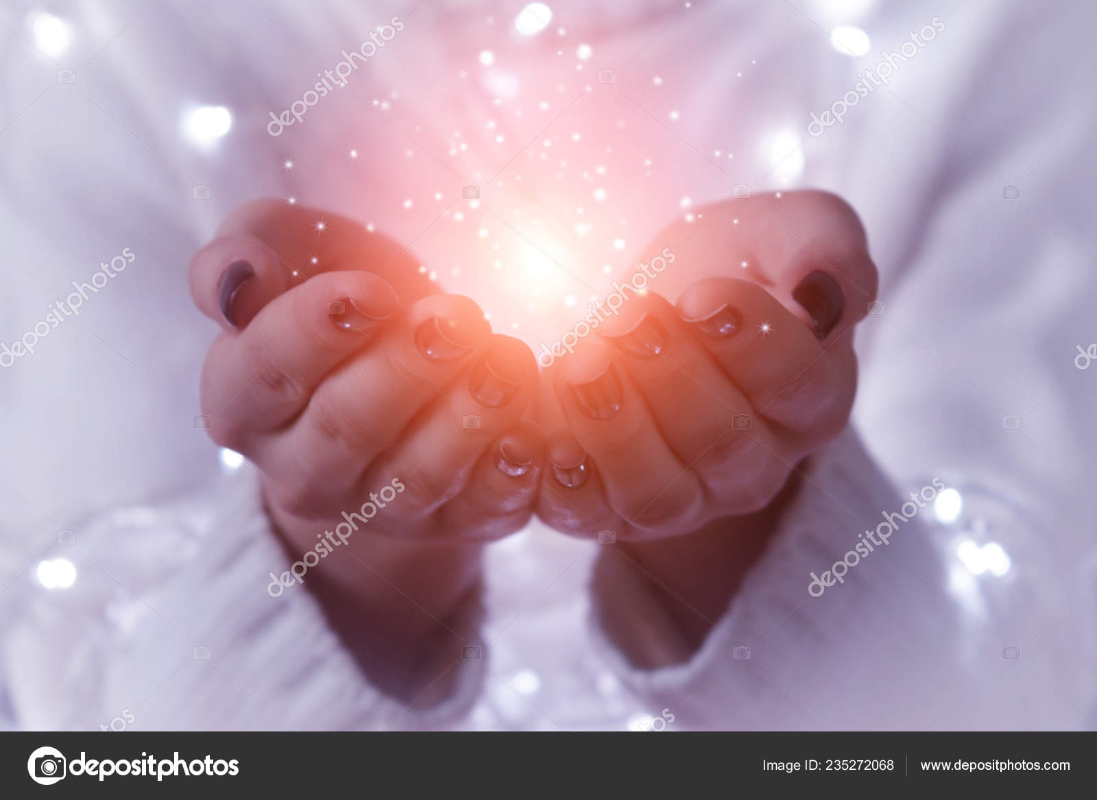Magic Particles Emanating Female Hands Christmas Background Bokeh ...