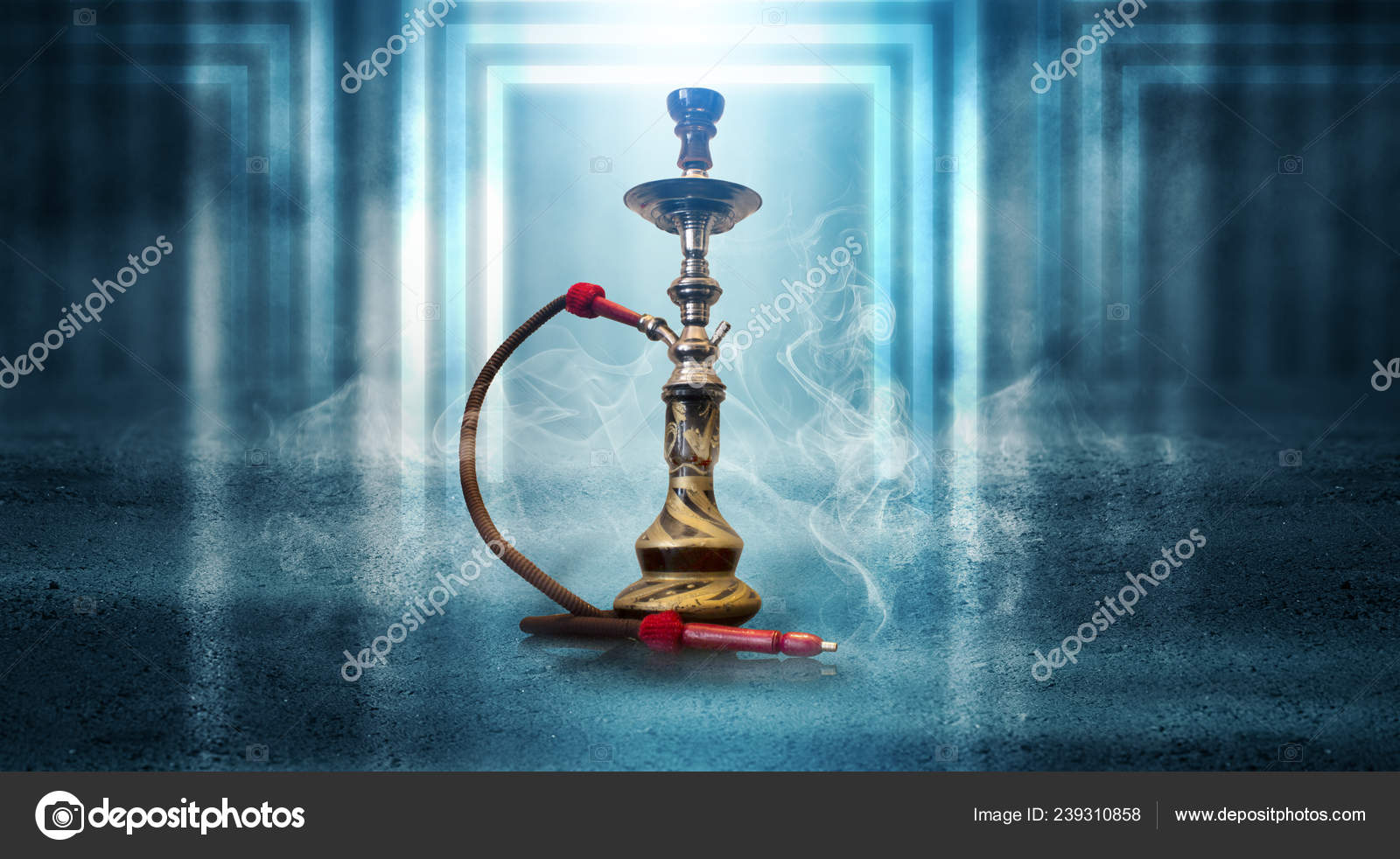 Hookah Fumar Sobre Fondo Hormigón Iluminado Por Proyector Luz Neón ...