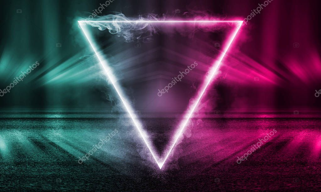 Escena de fondo vacía. Rayos de luz de neón en la oscuridad, figura de ...