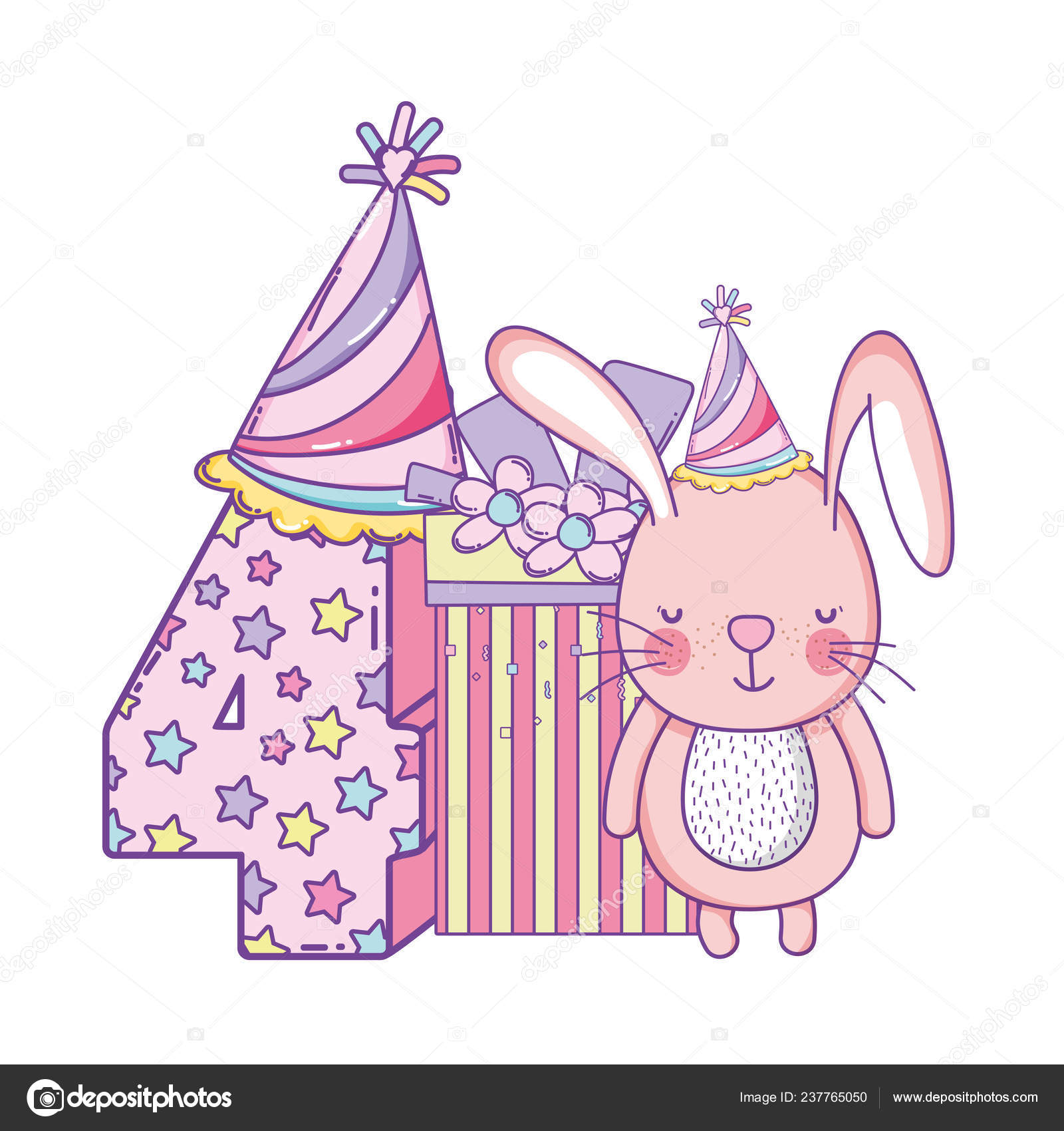 Happy Birthday Rabbit Number Four Gift Box Hat Cartoon Vector Stock ...