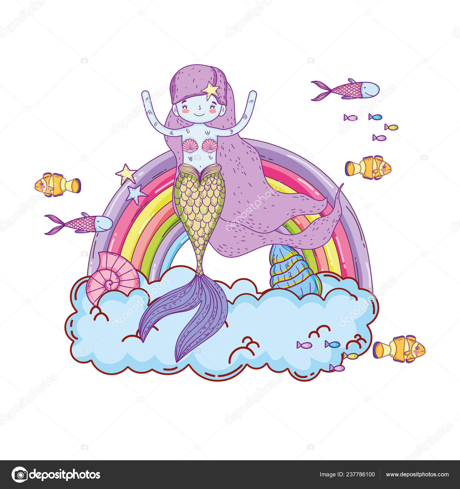 Cute Mermaid Clouds Rainbow Vector Illustration Design Stock ...