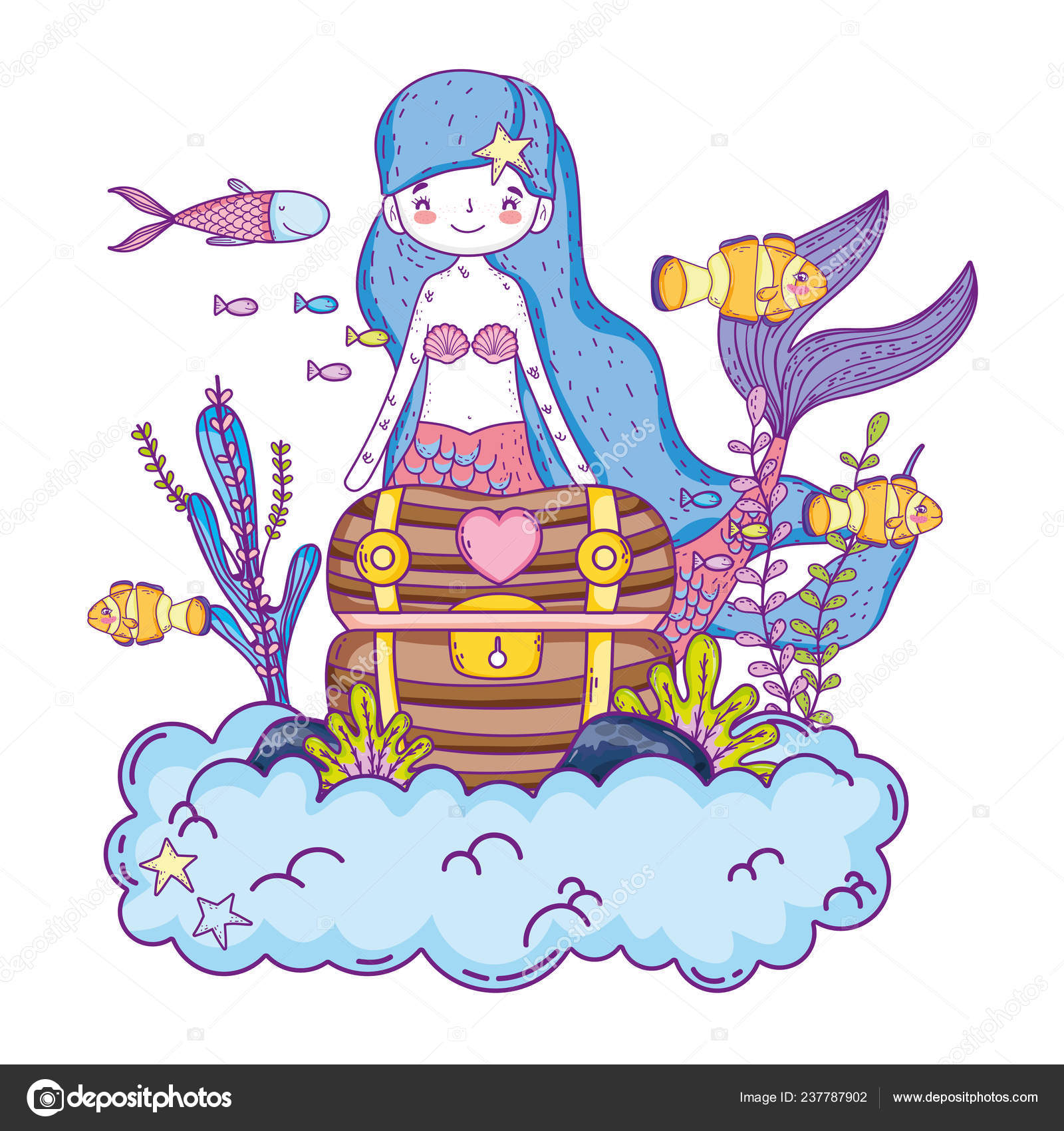 Mermaid Treasure Chest Undersea Scene Vector Illustration Design Stock ...
