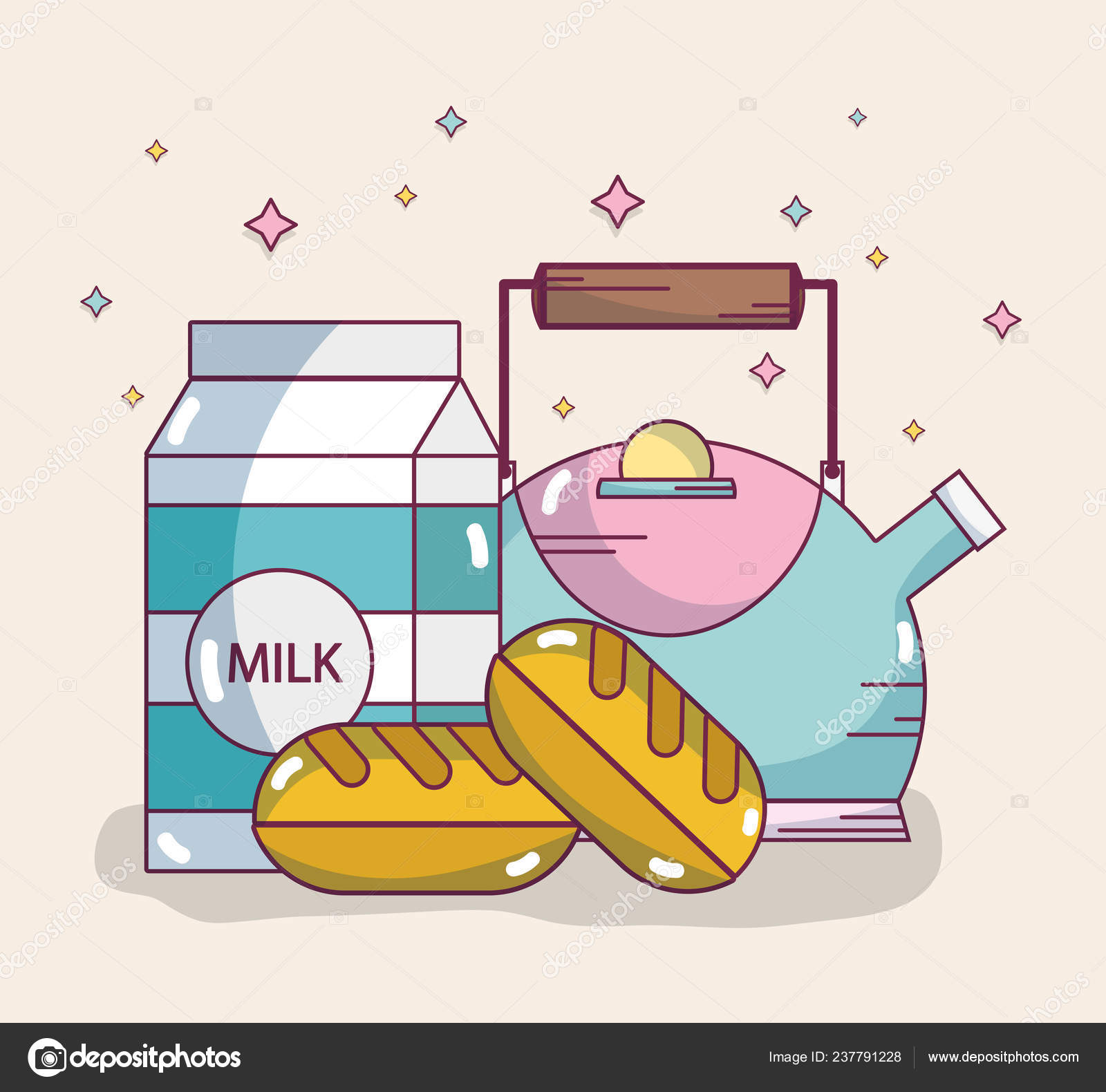 Breakfast Breads Milk Ingredients Cartoons Vector Illustration Graphic ...