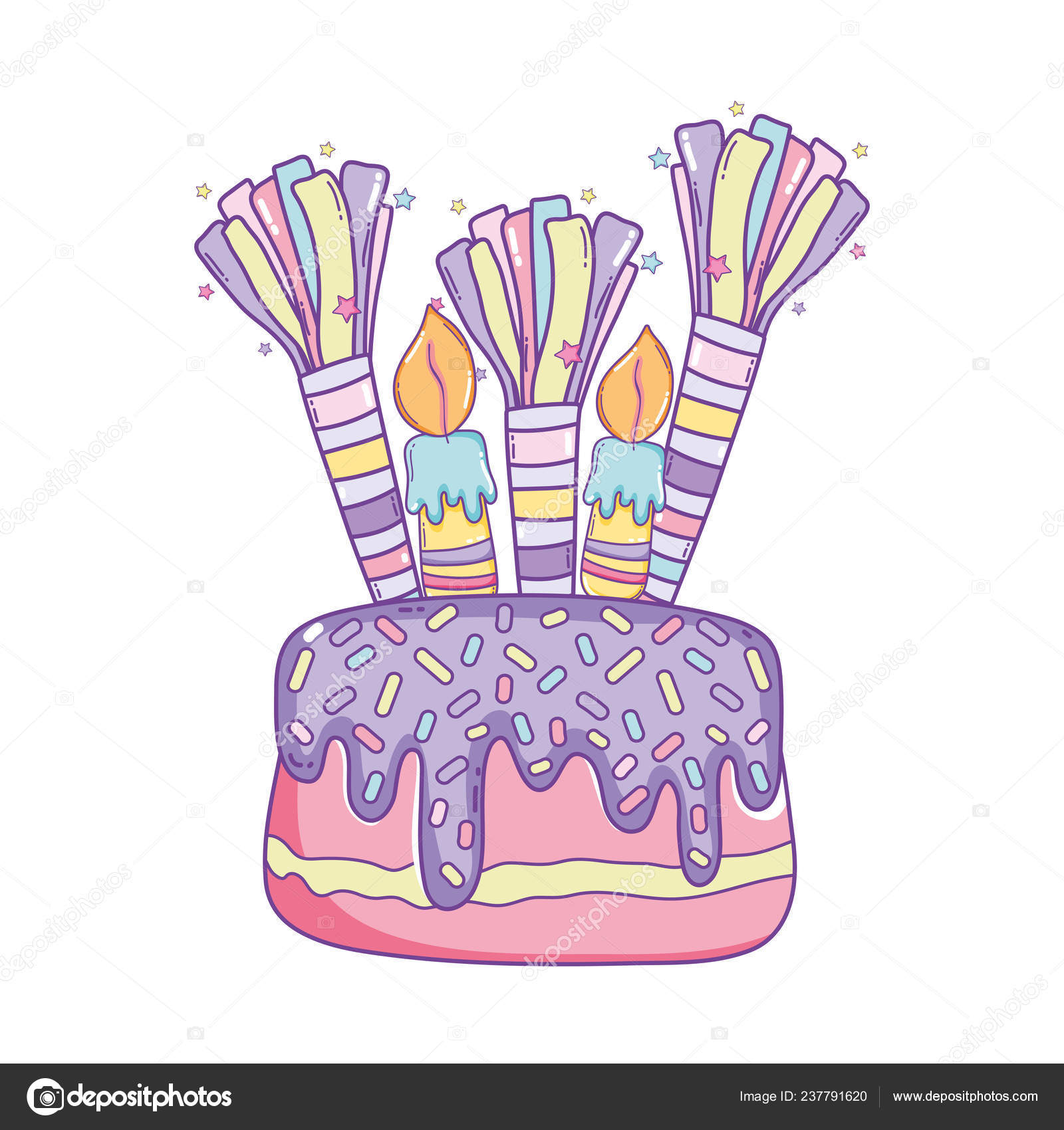 Pastel Cumpleaños Con Vela Lindo Vector Dibujos Animados Ilustración ...