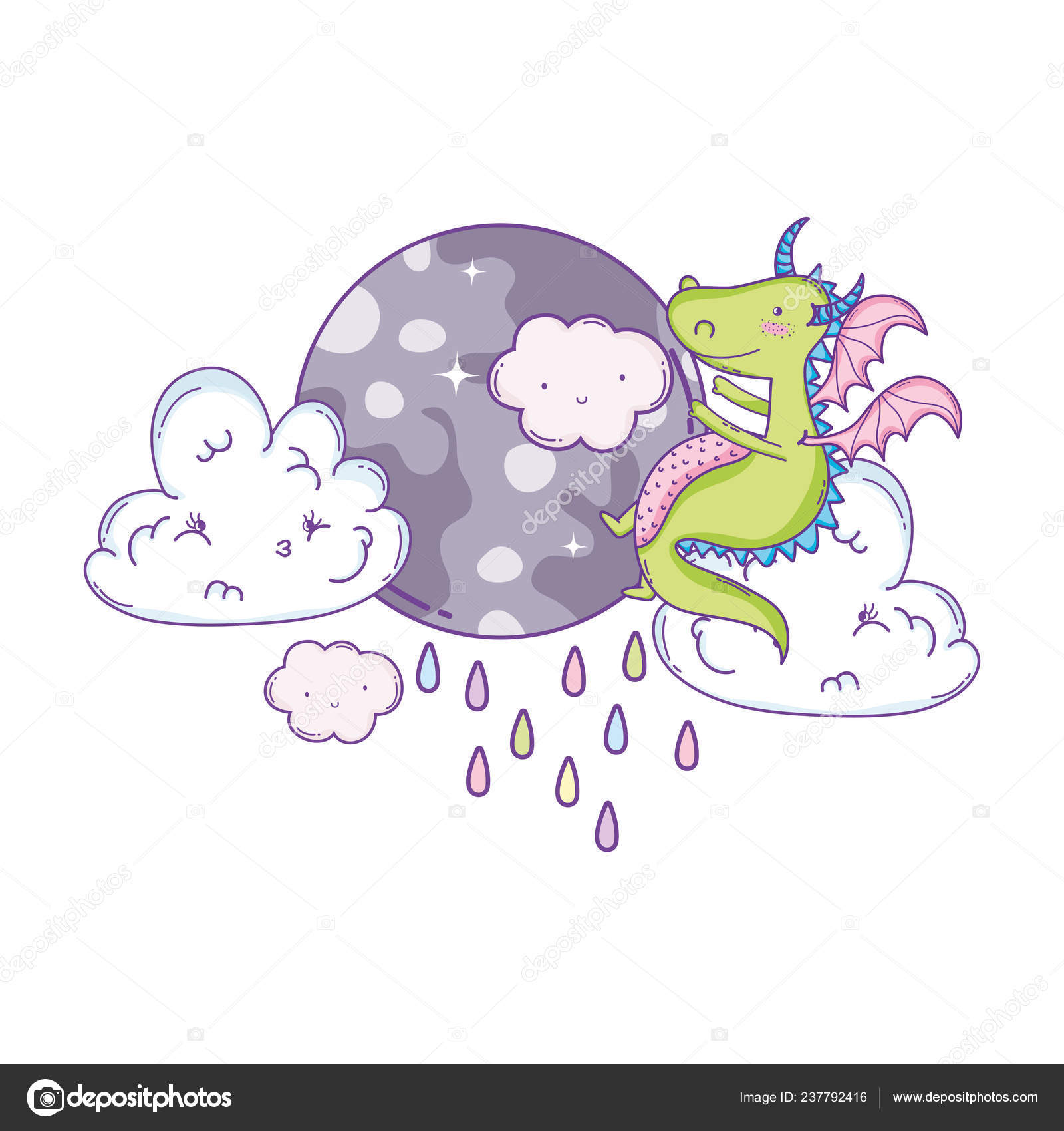 Cute Dragon Clouds Raining Full Moon Cartoons Vector Illustration ...