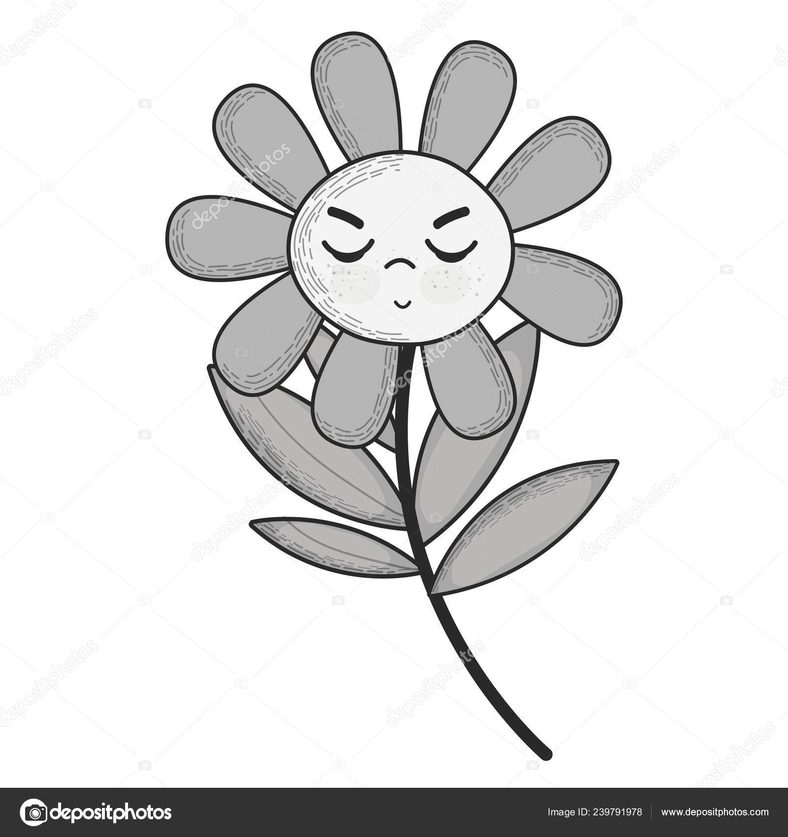 Grayscale Kawaii Angry Flower Plant Close Eyes Vector Illustration ...