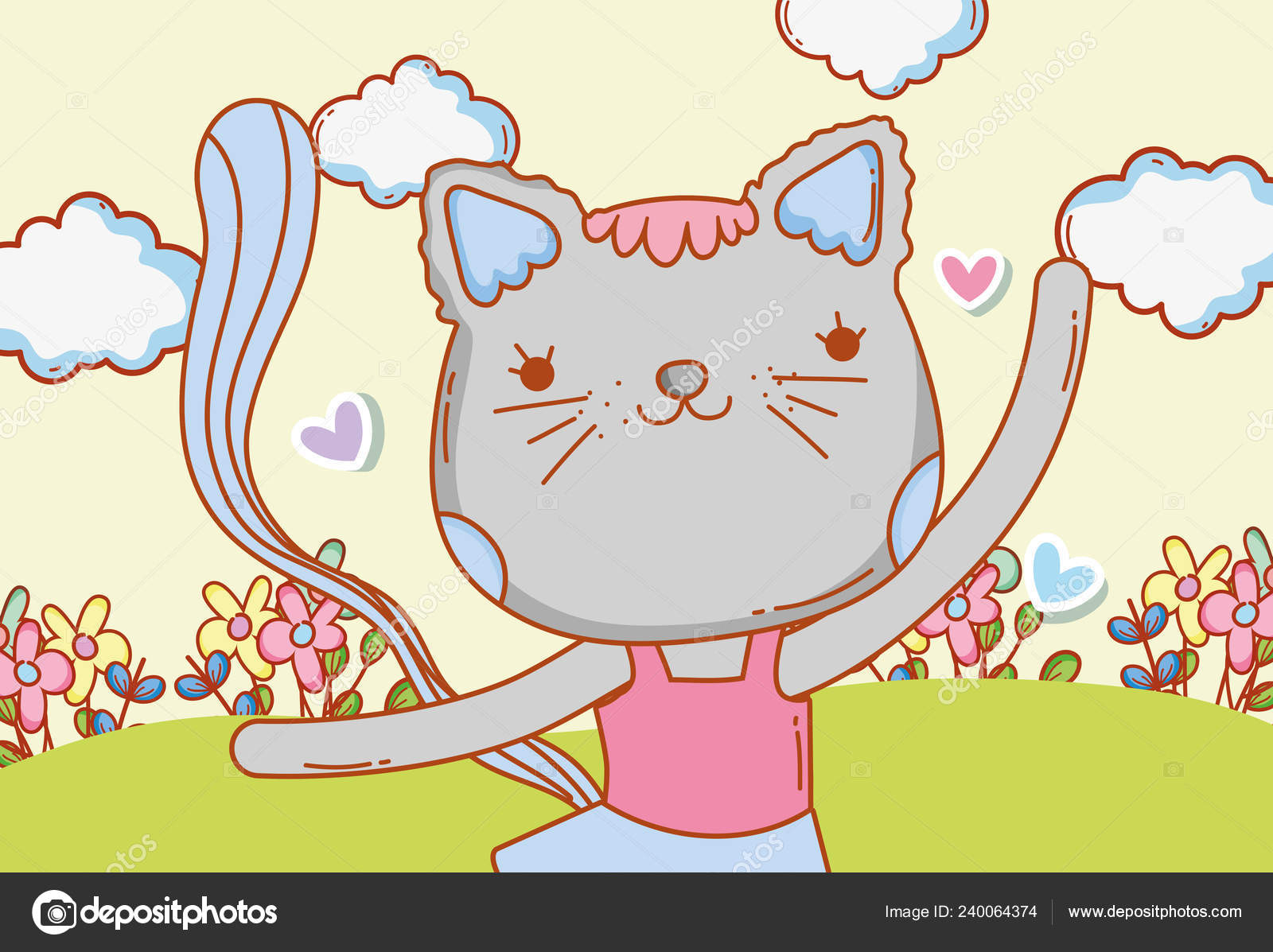 Female Cat Dancing Clouds Flowers Vector Illustration Stock Vector by ...