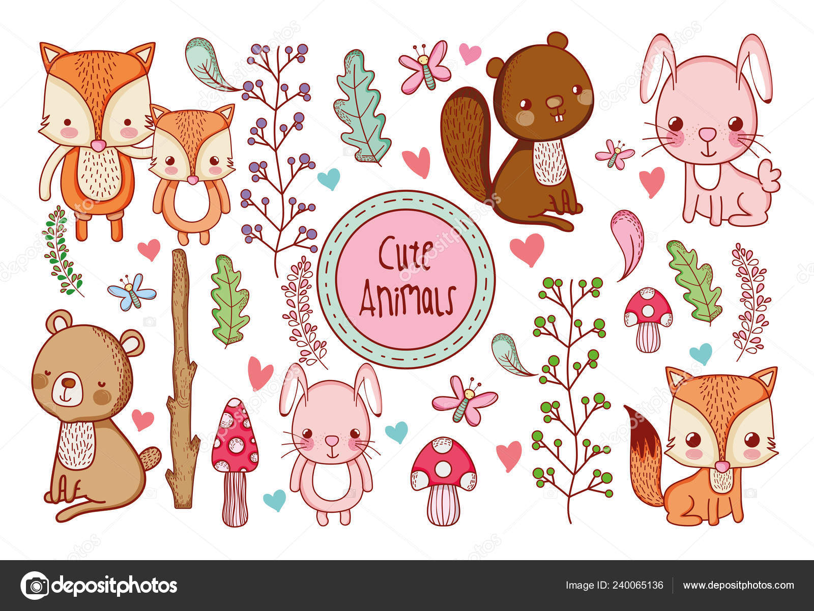 Squirrel Bunny Fox Bear Cute Animals Nature Objects Leaves Foliage ...