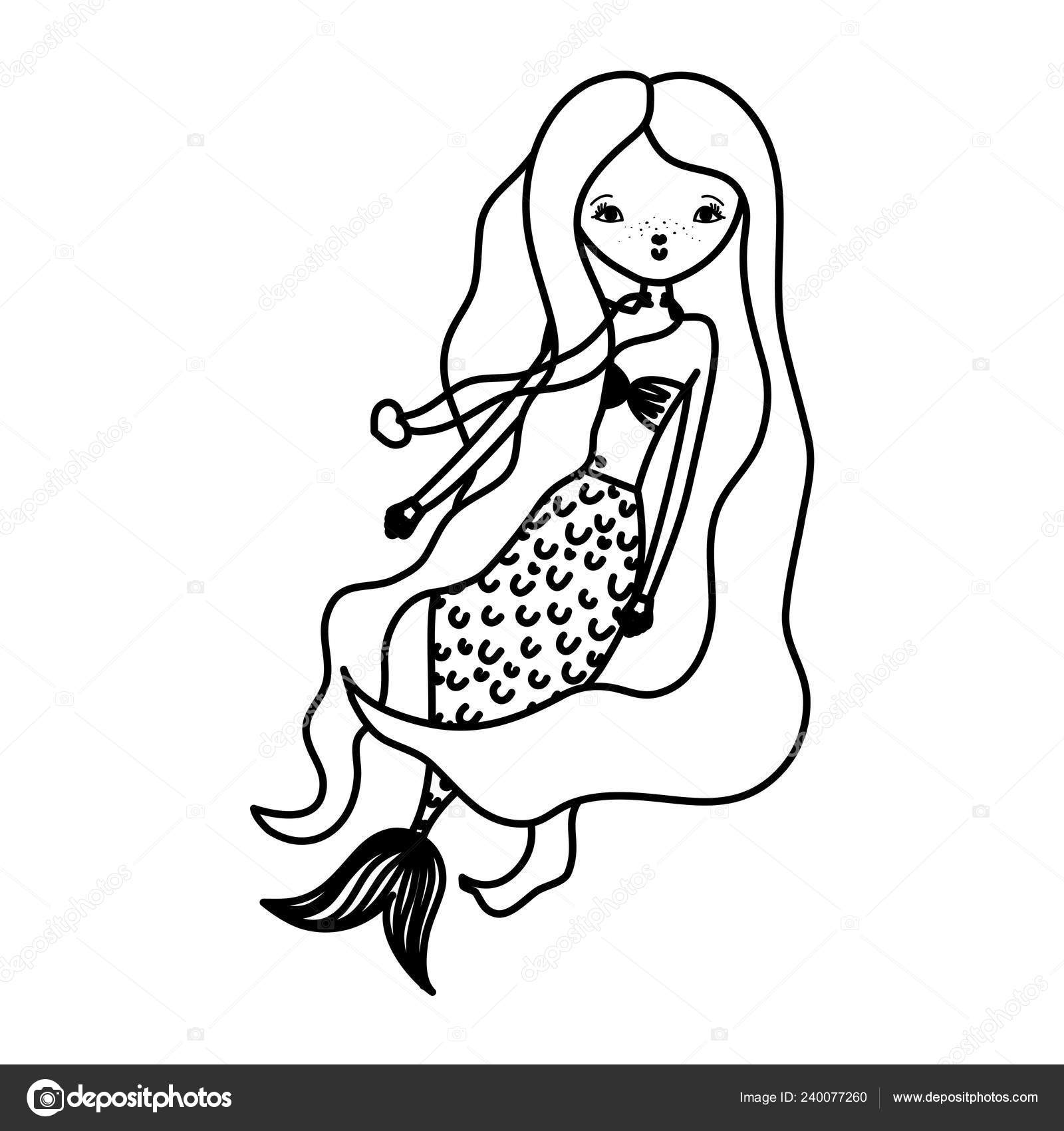Line Pretty Woman Siren Hairstyle Heart Necklace Vector Illustration Stock Vector By ©stockgiu