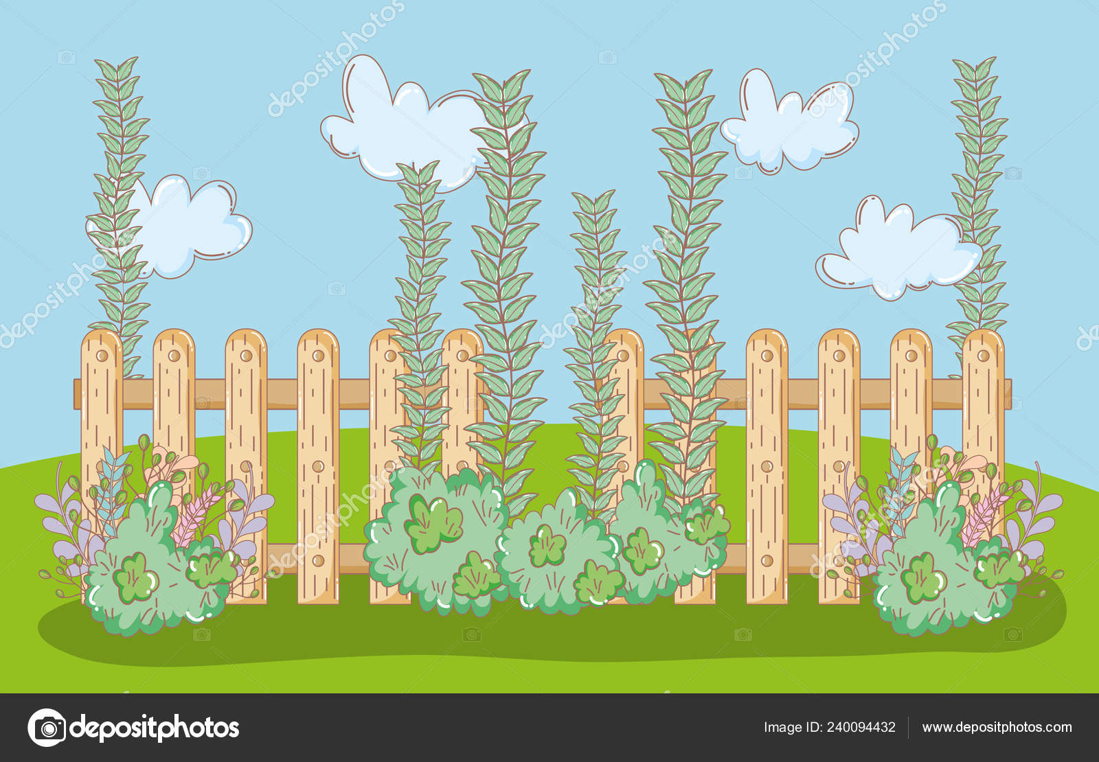 Wood Fence Branches Leaves Plants Vector Illustration Stock Vector by ...