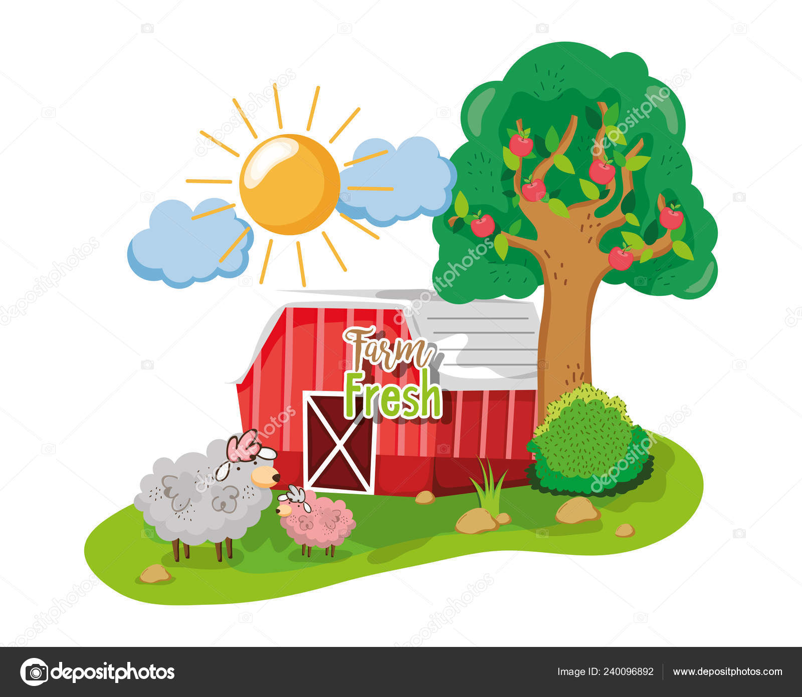 Beautiful Farm Scenery Cartoon Sunny Day Vector Illustration Graphic ...