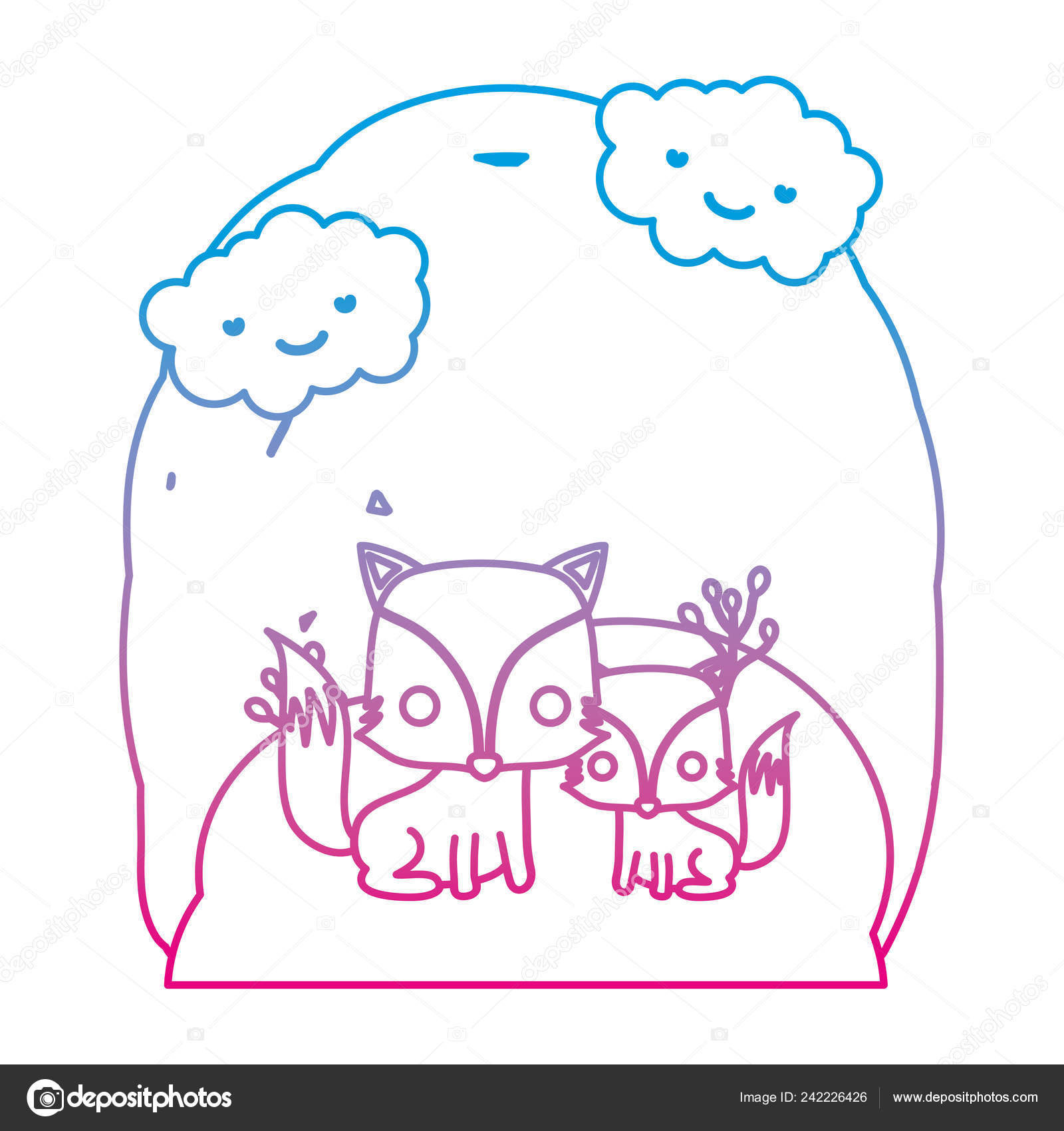 Degraded Line Cute Fox Father His Child Landscape Vector Illustration ...