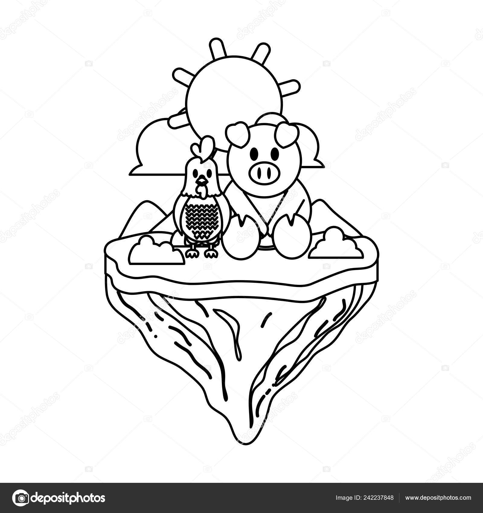 Line Rooster Pig Friends Float Island Vector Illustration Stock Vector ...