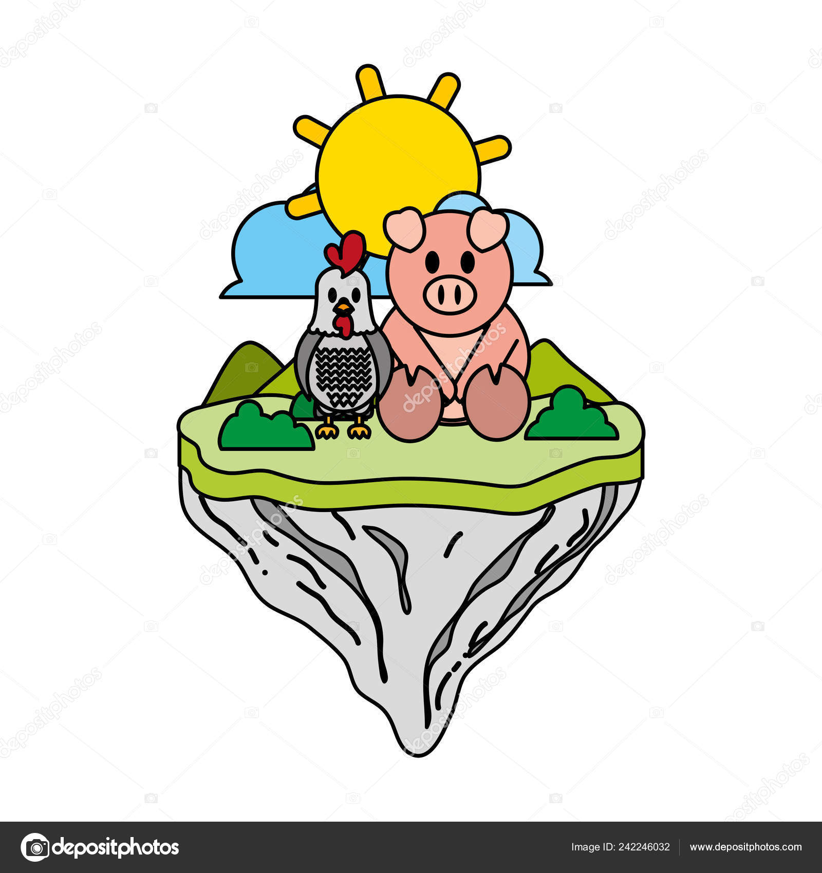 Color Rooster Pig Friends Float Island Vector Illustration Stock Vector ...