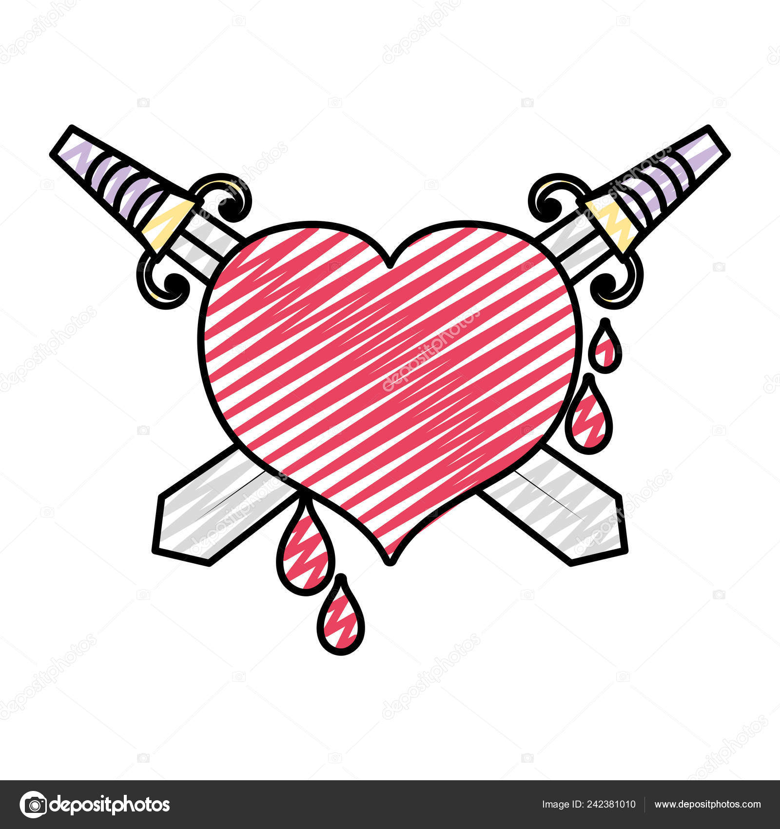 Doodle Swords Weapon Heart Blood Drops Vector Illustration Stock Vector ...