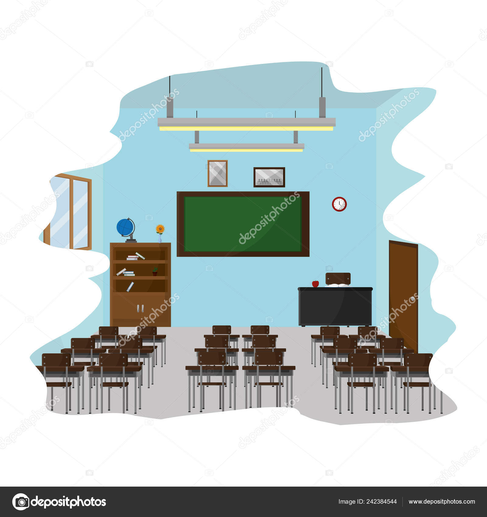 Aula Escolar Con Utensilios Educativos Para Estudiar Ilustración ...