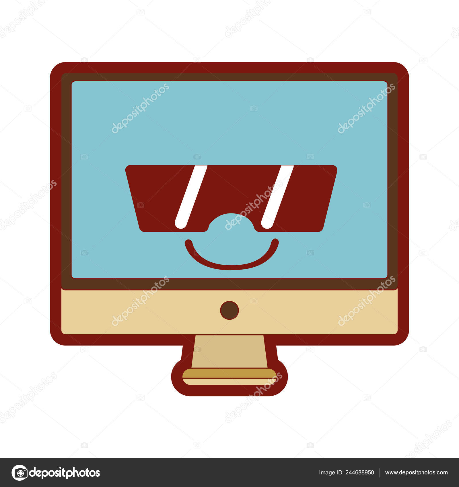 Line Color Happy Computer Screen Kawaii Sunglasses Vector Illustration ...