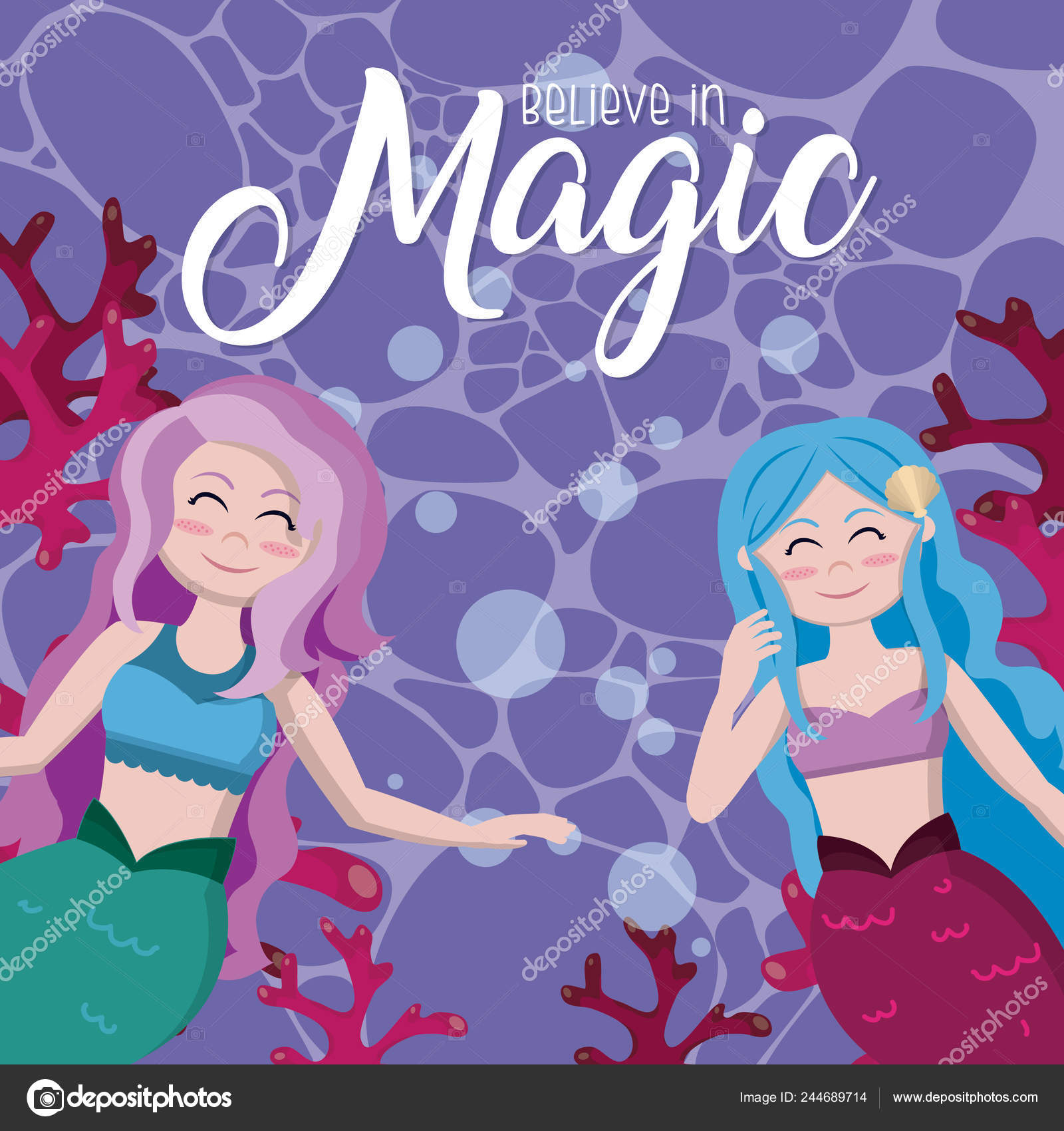 Believe Magic Beautiful Mermaids Water Cartoons Vector Illustration ...