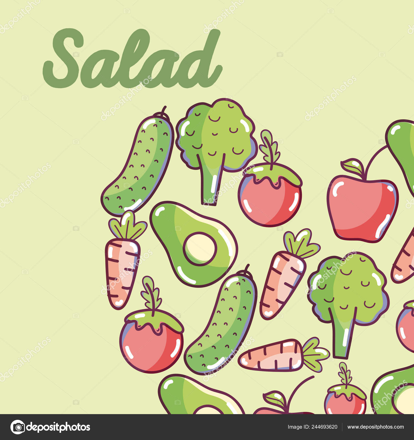 Vegetables Ingredients Salad Colorful Cartoons Vector Illustration ...