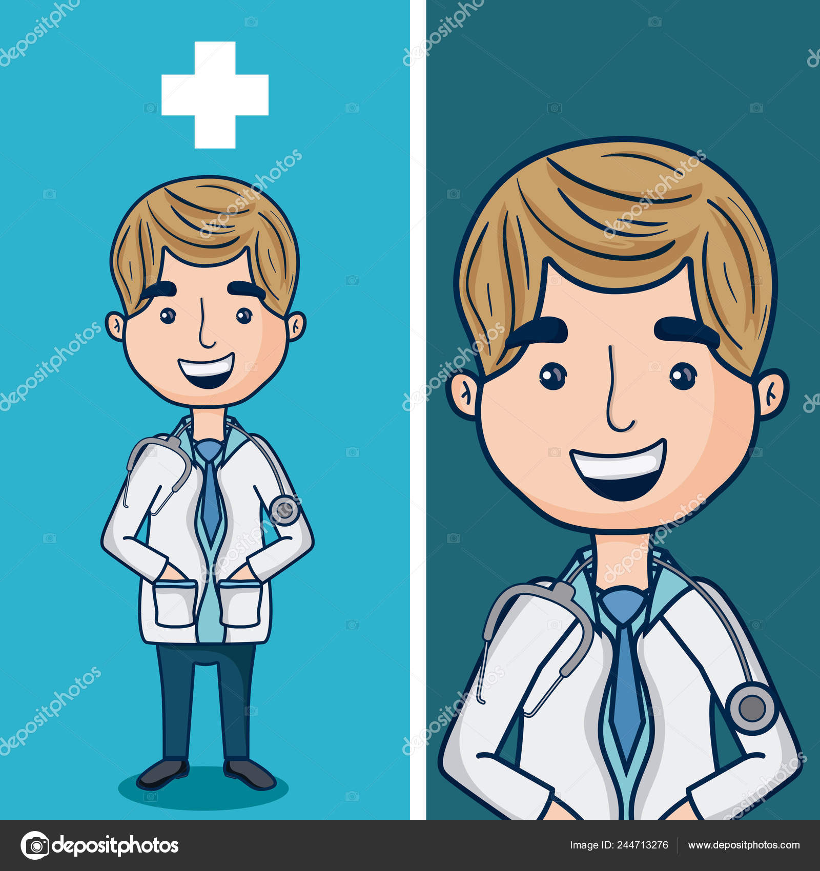 Doctor Funny Cartoon Blue Background Medical Cross Vector Illustration ...