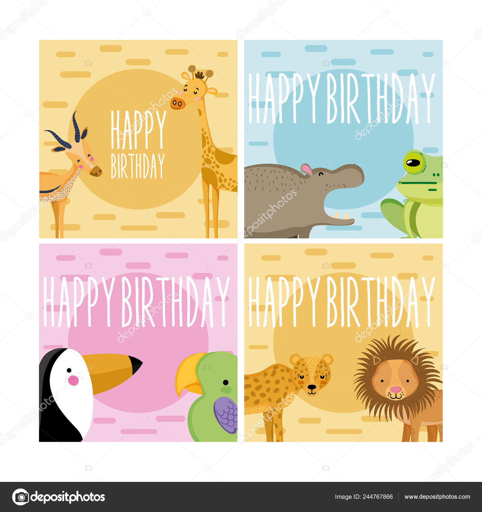 Set Happy Birthday Animals Cards Vector Illustration Graphic Design ...