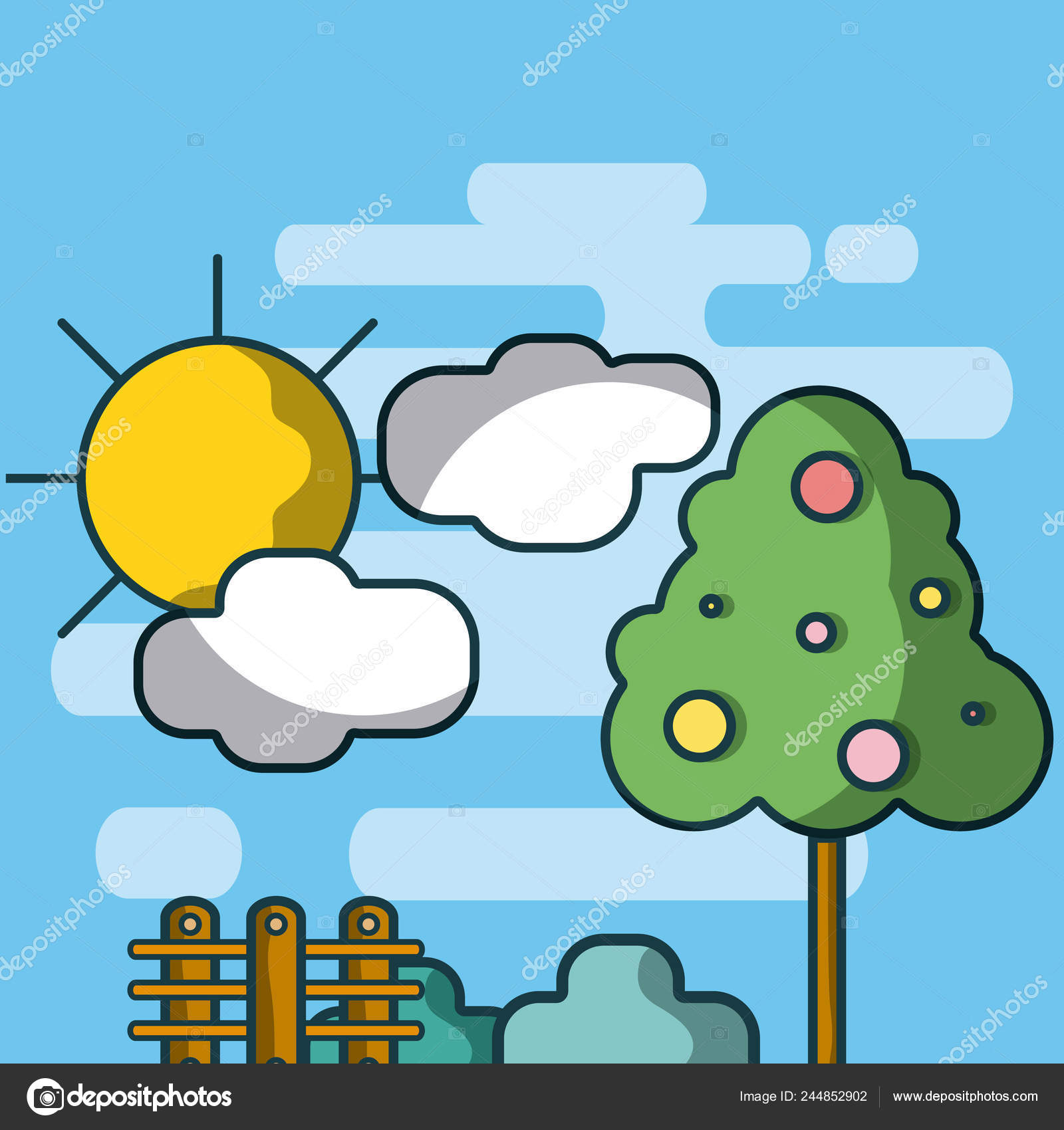 Landscape Apple Trees Bushes Sun Vector Illustration Graphic Design Stock Vector by ©stockgiu ...