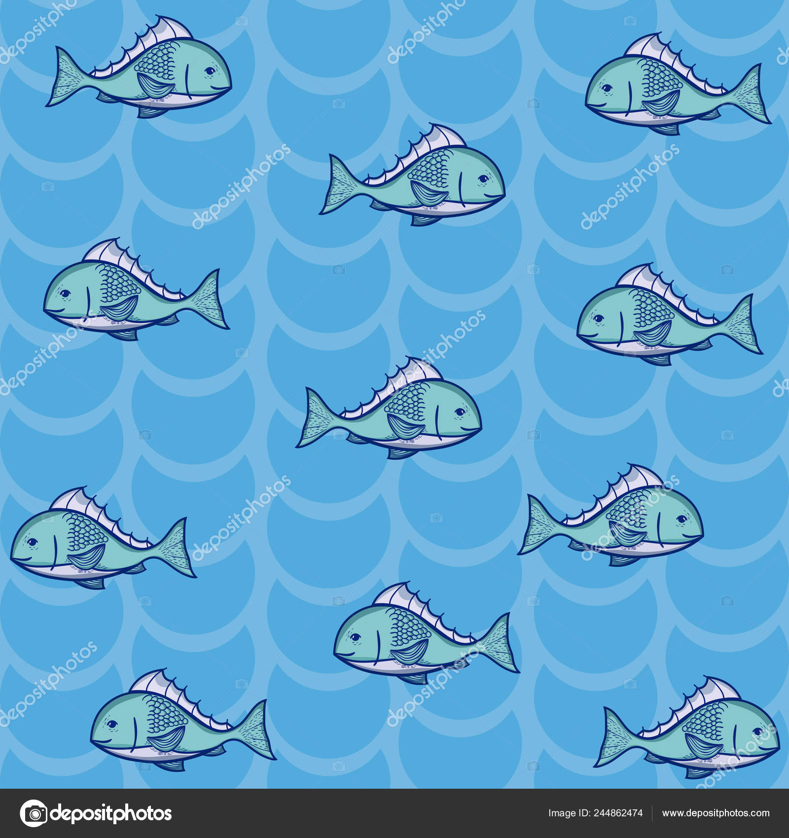 Fish Cartoons Pattern Blue Background Vector Illustration Graphic ...