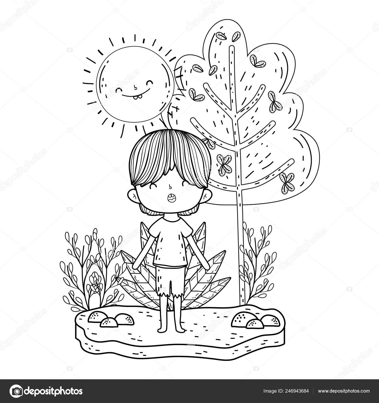 Cute little boy with sun kawaii in the landscape Stock Vector Image by ...