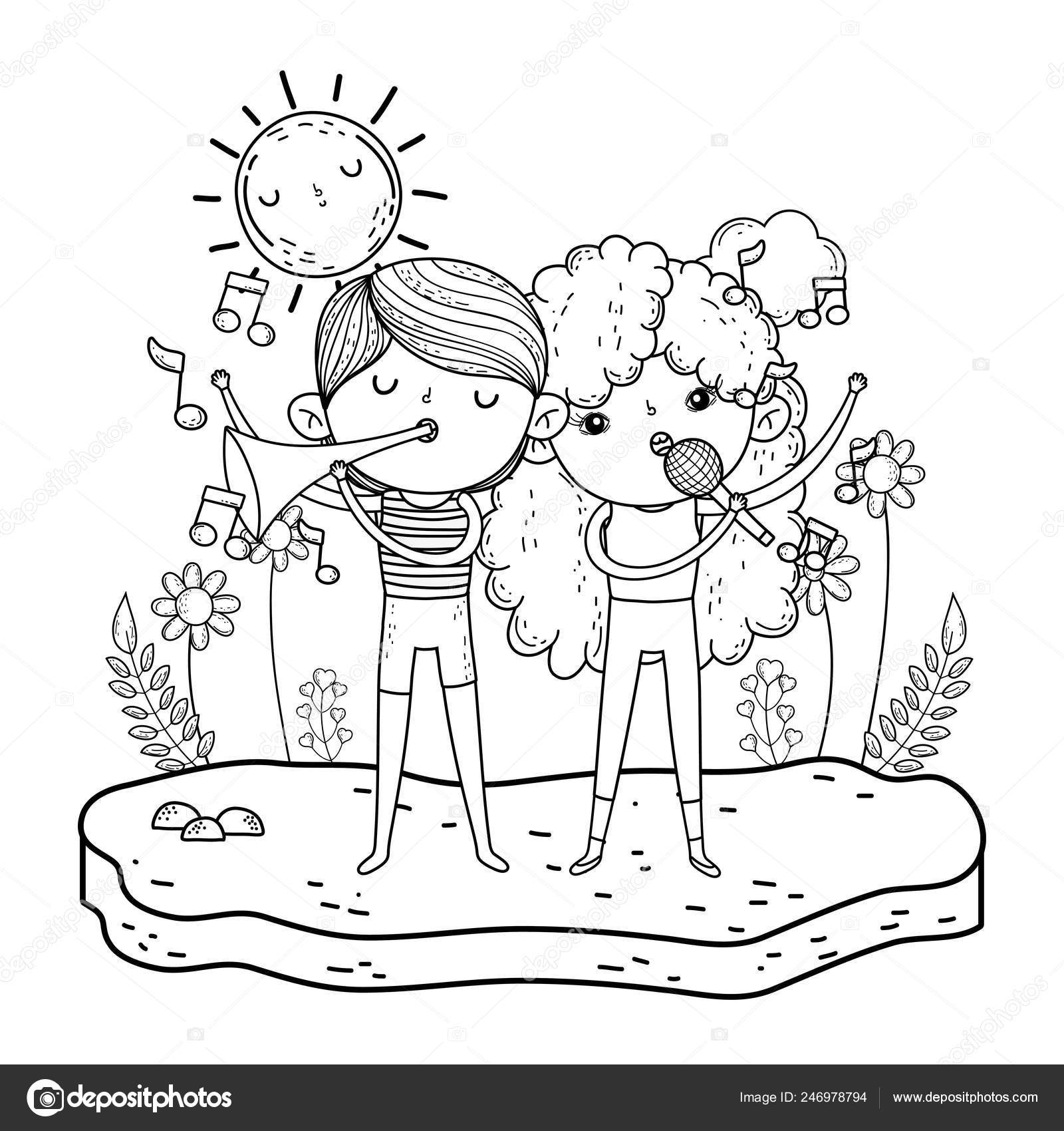 Tjej sjunger och pojke spela trumpet i landskapet vektor av ©stockgiu ...