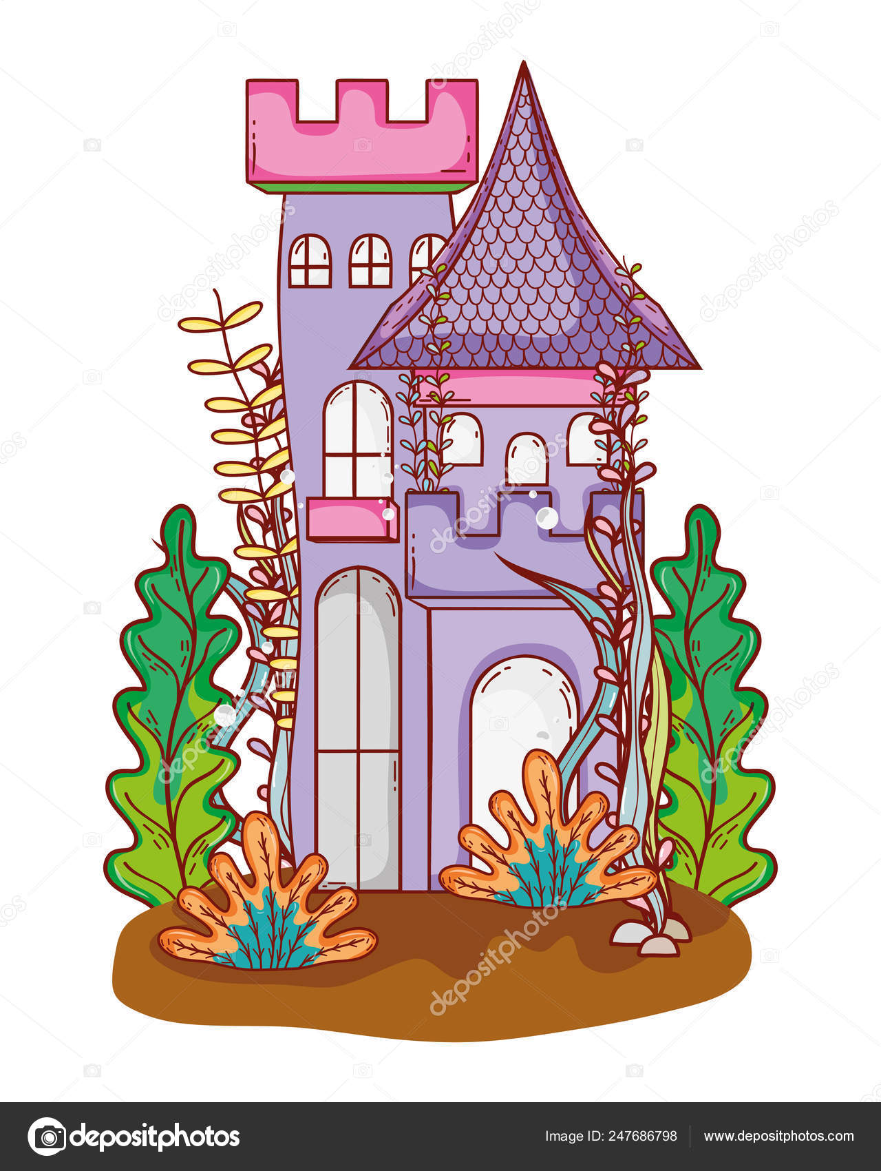 Medieval castle architecture with branches plants leaves Stock Vector ...