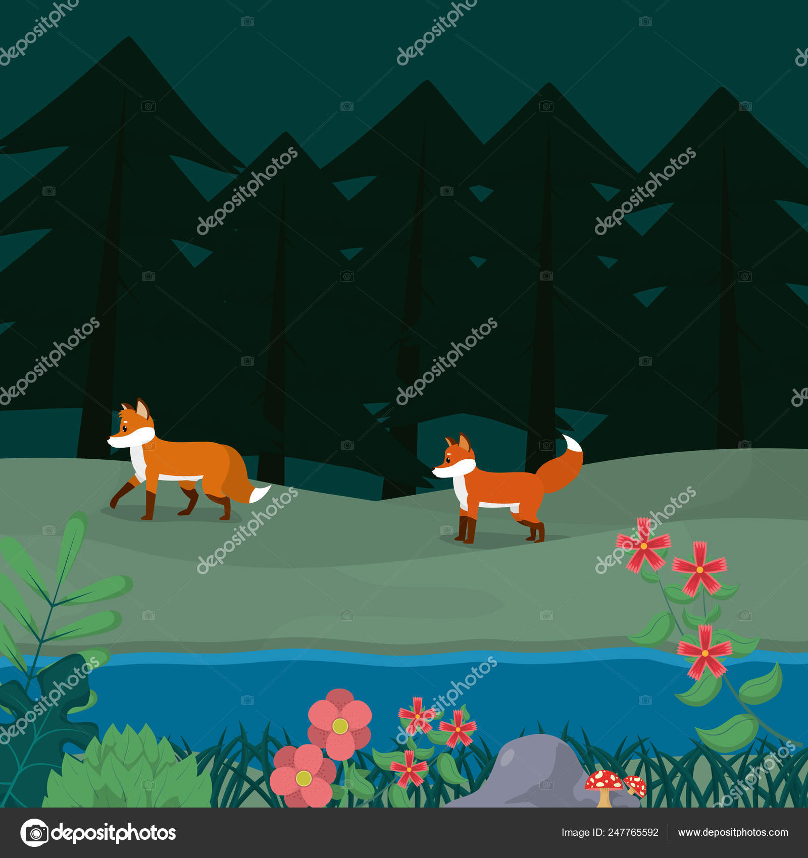 Foxes at forest cartoon Stock Vector Image by ©stockgiu #247765592